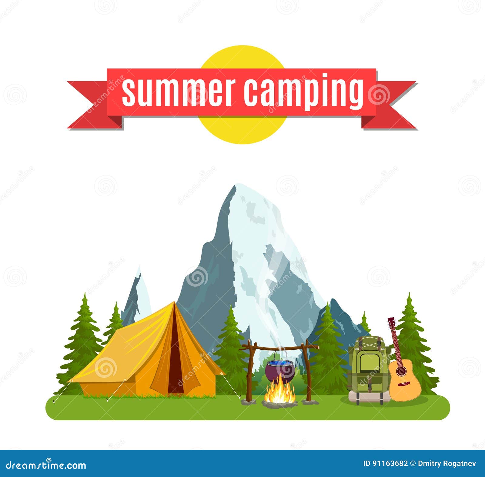 Summer Camp Landscape With Yellow Tent Stock Vector Illustration Of