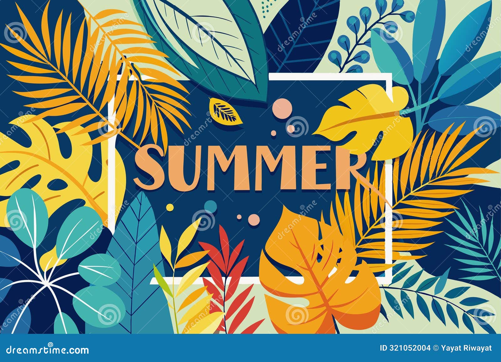 Summer Capital Text with a Square Frame and Tropical Leaves Background ...