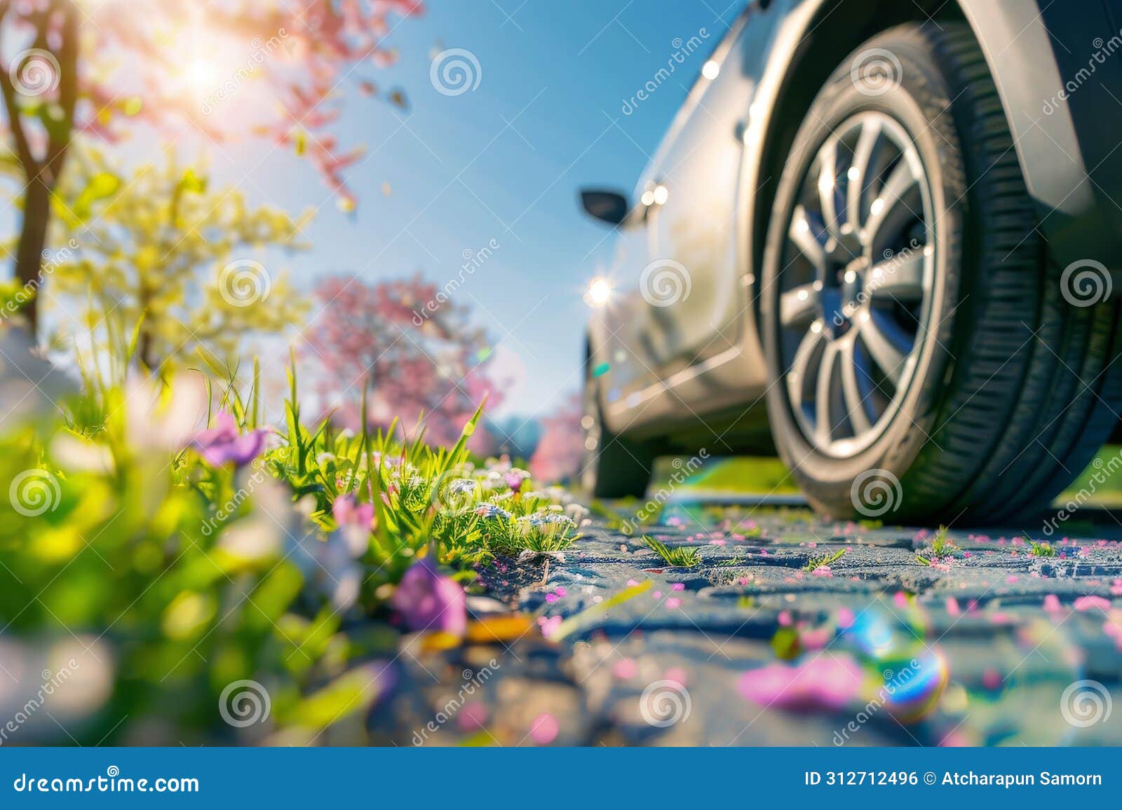 Summer Car Tires in the Blooming Spring in the Sun, Time for Summer ...