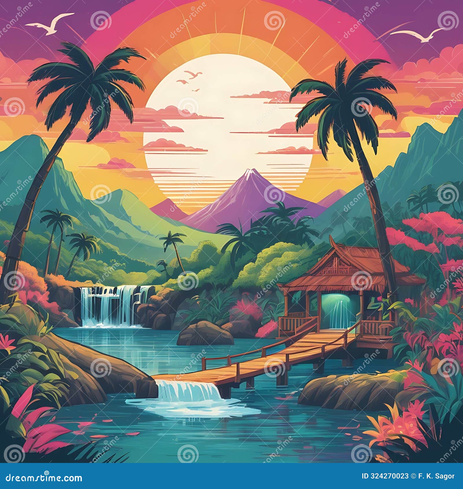 A Colorful Illustration of a Surfboard with a Sunset in the Background ...