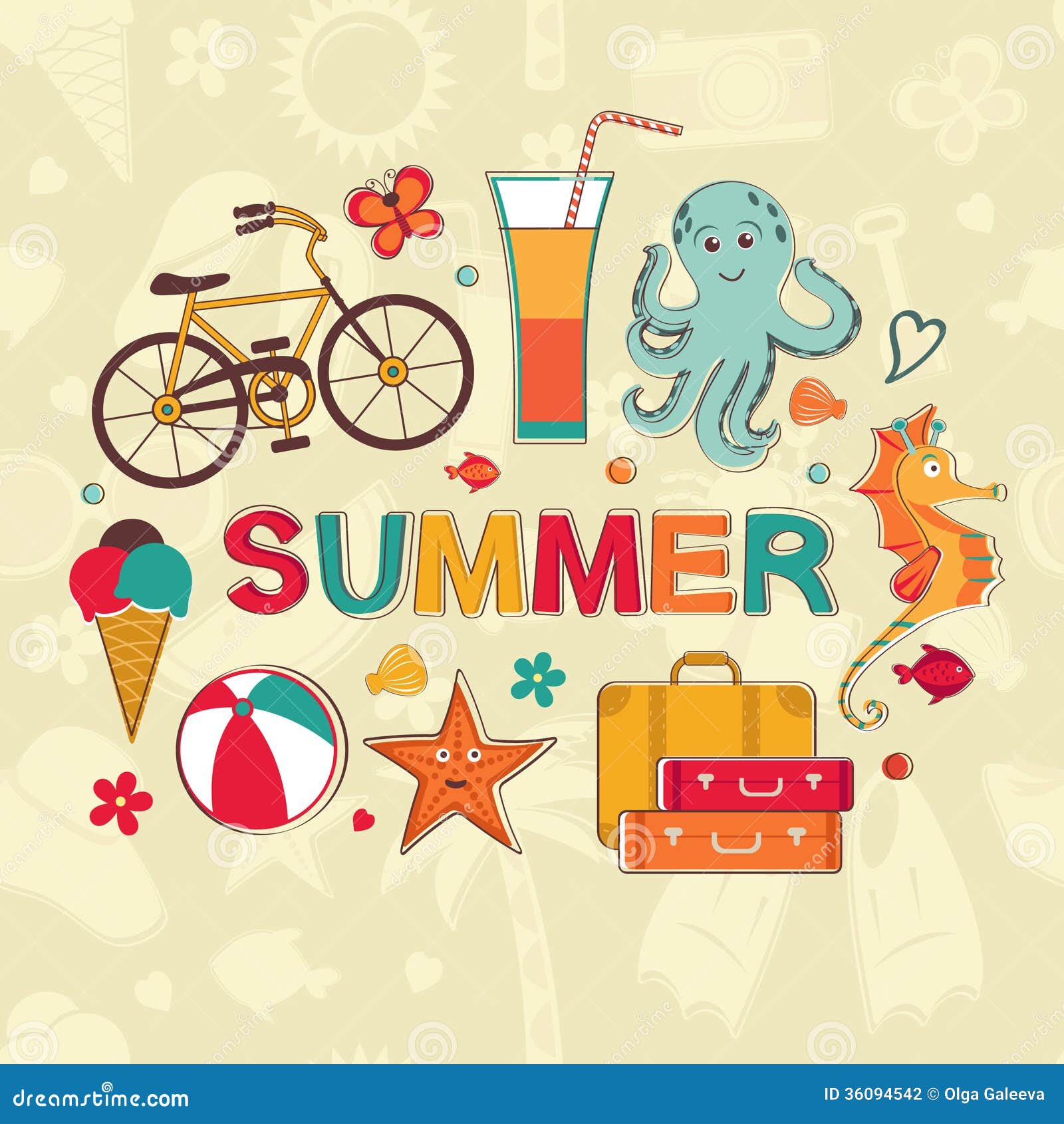 Summer cartoon set stock vector. Illustration of cocktail - 36094542