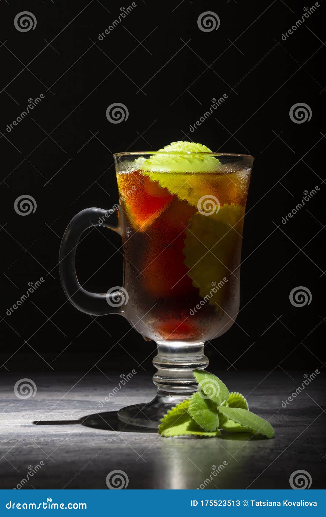 Summer Cold Ice Tea and Mint on Dark Black Background Stock Image ...