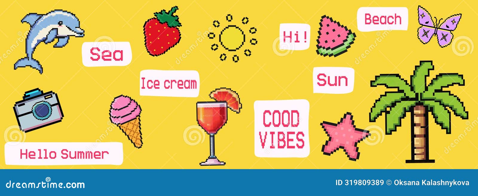 Summer Collage Pixel Art. Summer Vacation Icons In Pixel Art Design ...