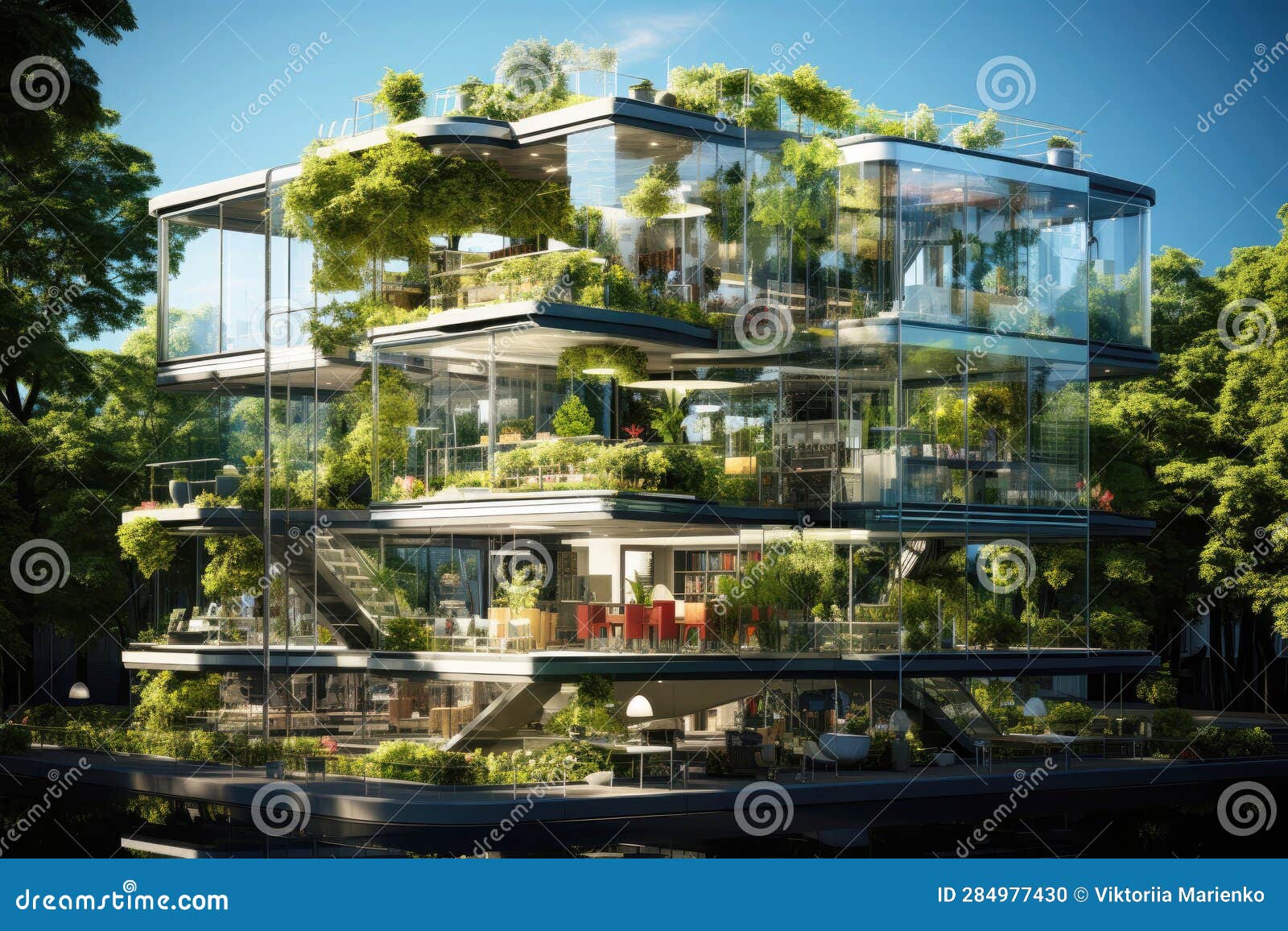 Summer Cooling: Green Tree-adorned Glass Building Stock Illustration ...