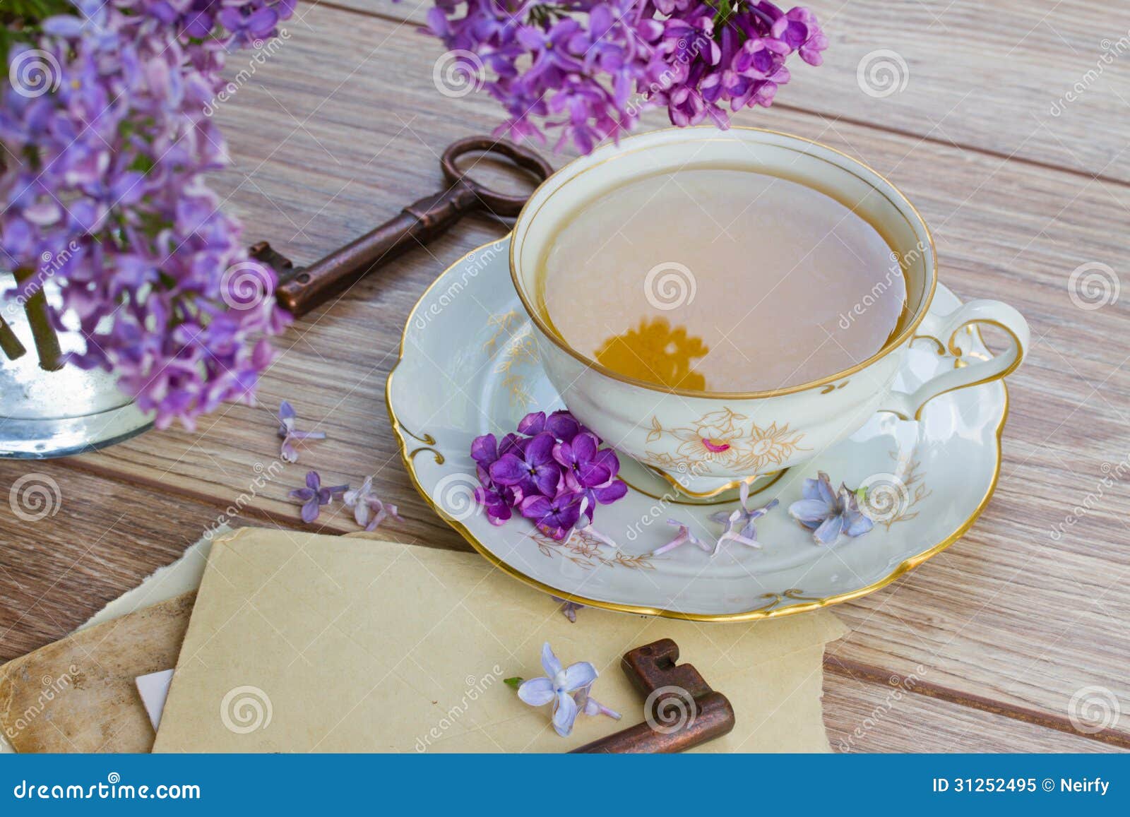 Summer Cup of Tea with Lilac Stock Image - Image of historic, dirty ...