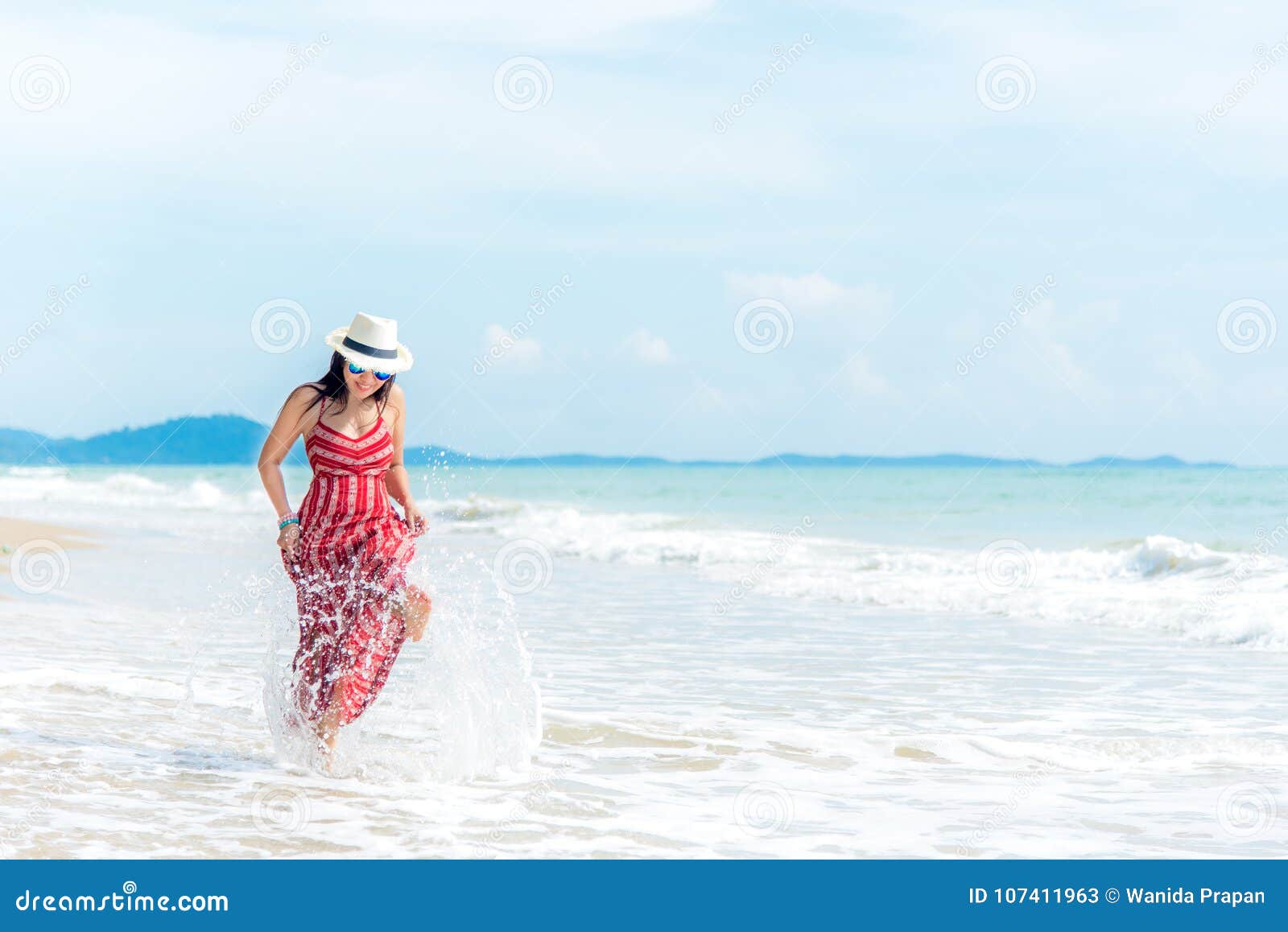 Summer Day Smiling Woman Wearing Fashion Summer Beach Having Fun