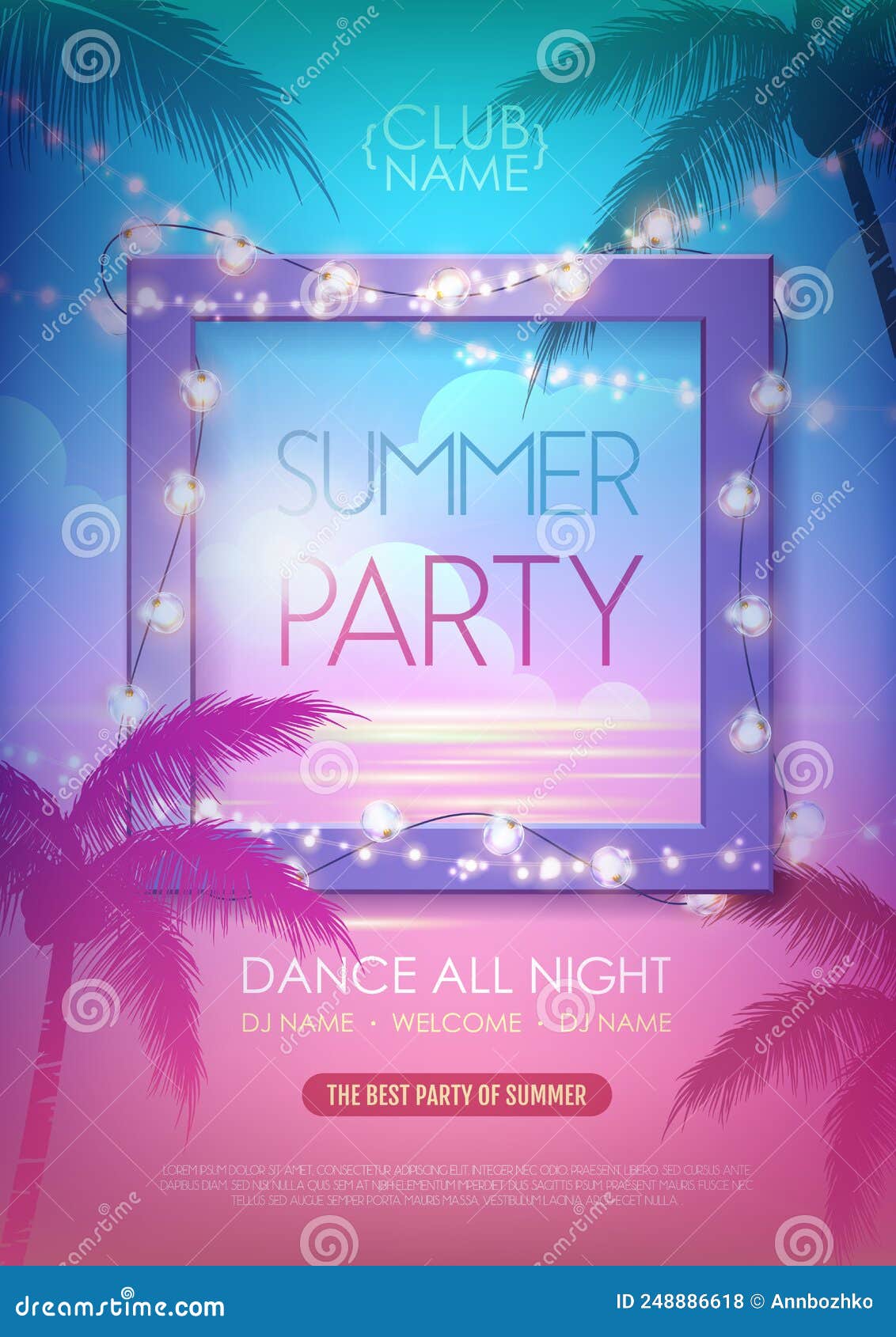 Summer Disco Party Poster with Tropic Leaves and String of Lights ...