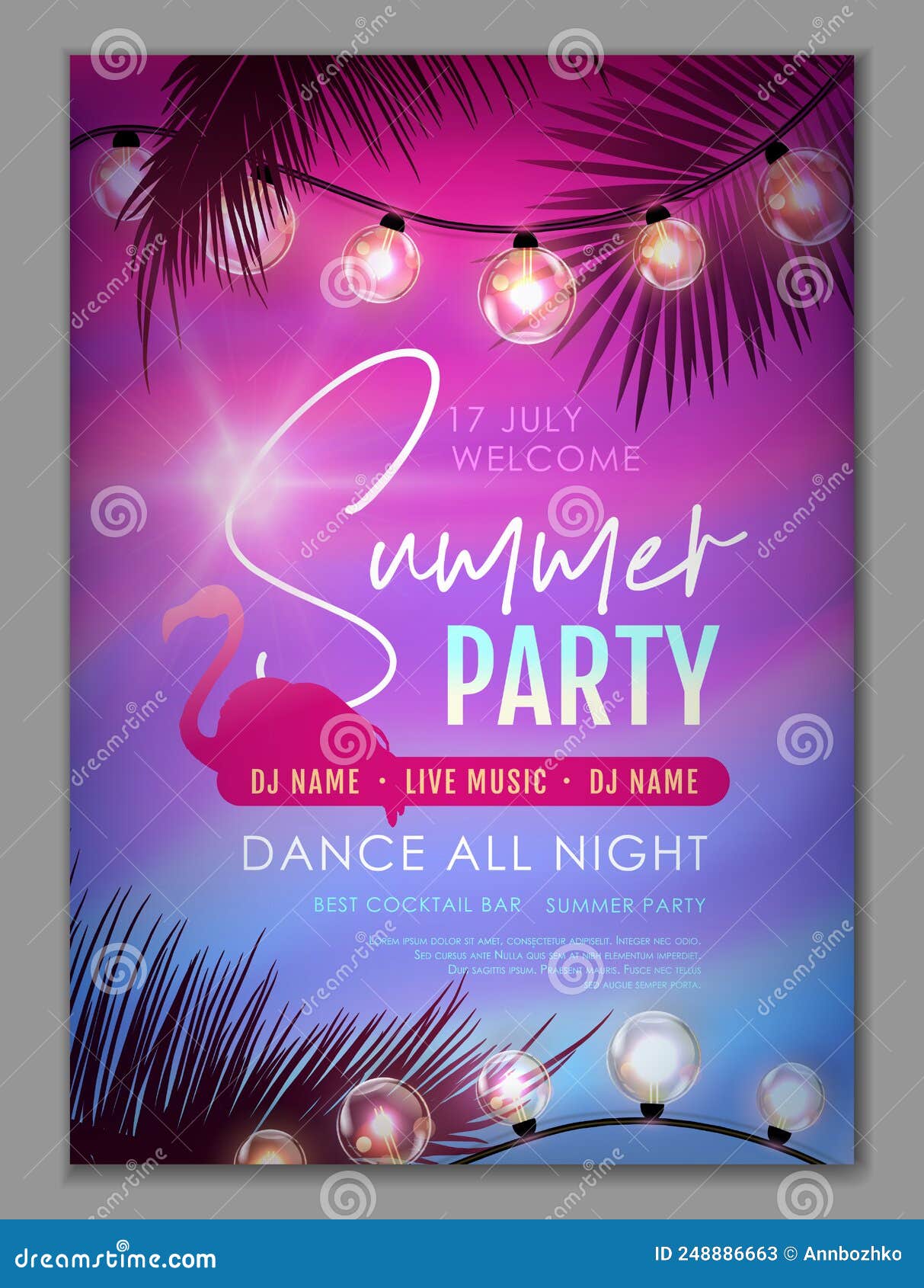 Summer Disco Party Poster with Tropic Leaves and String of Lights ...