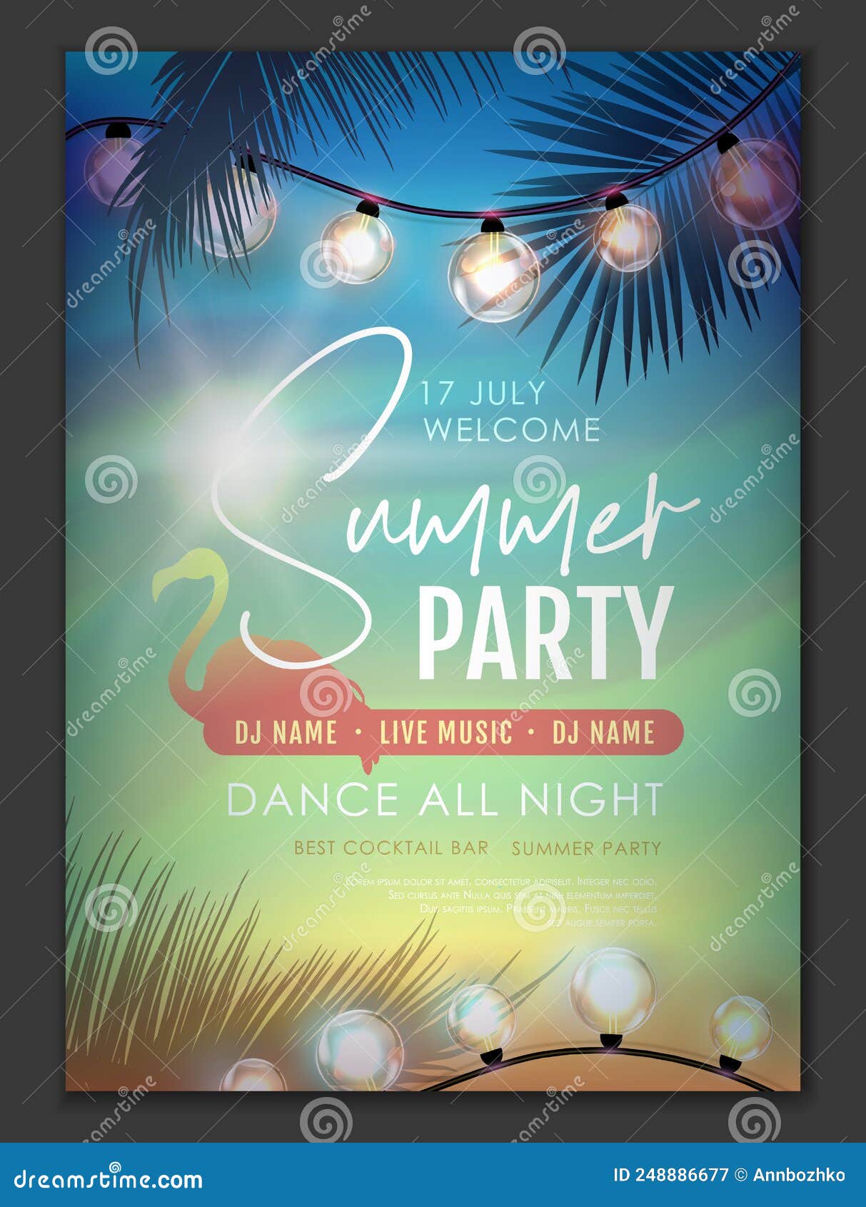 Summer Disco Party Poster with Tropic Leaves and String of Lights ...