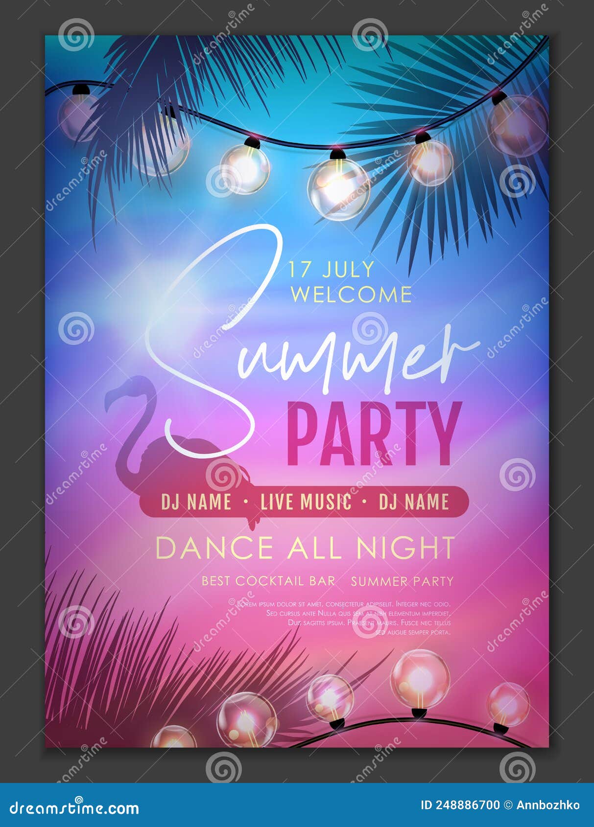 Summer Disco Party Poster with Tropic Leaves and String of Lights ...