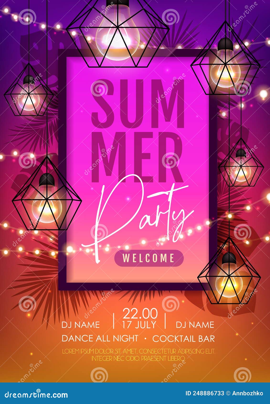 Summer Disco Party Poster with Tropic Leaves and String of Lights ...