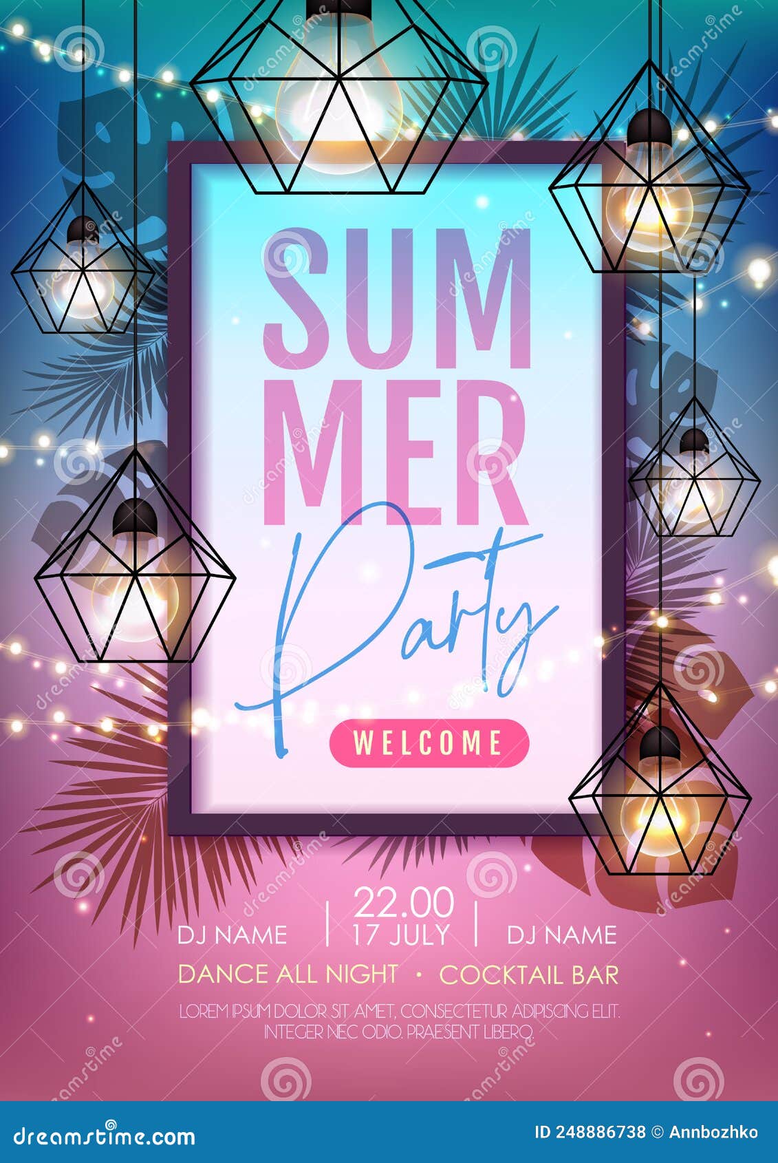 Summer Disco Party Poster with Tropic Leaves and String of Lights ...