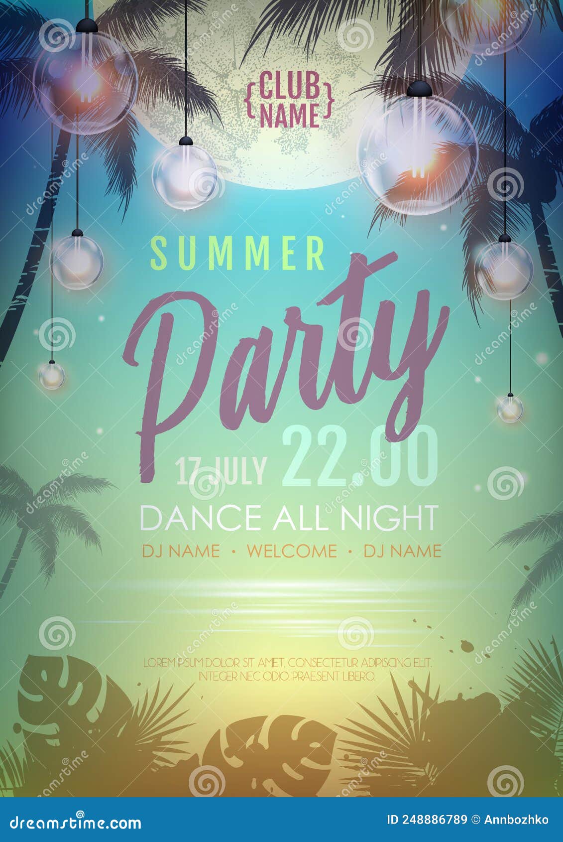 Summer Disco Party Poster with Tropic Leaves and String of Lights ...