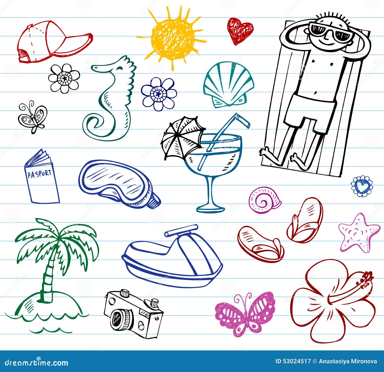 Summer doodle set, stock vector. Illustration of diving - 53024517