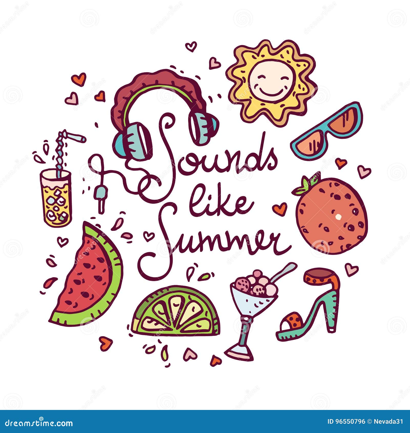 Summer doodle set. stock illustration. Illustration of cute - 96550796
