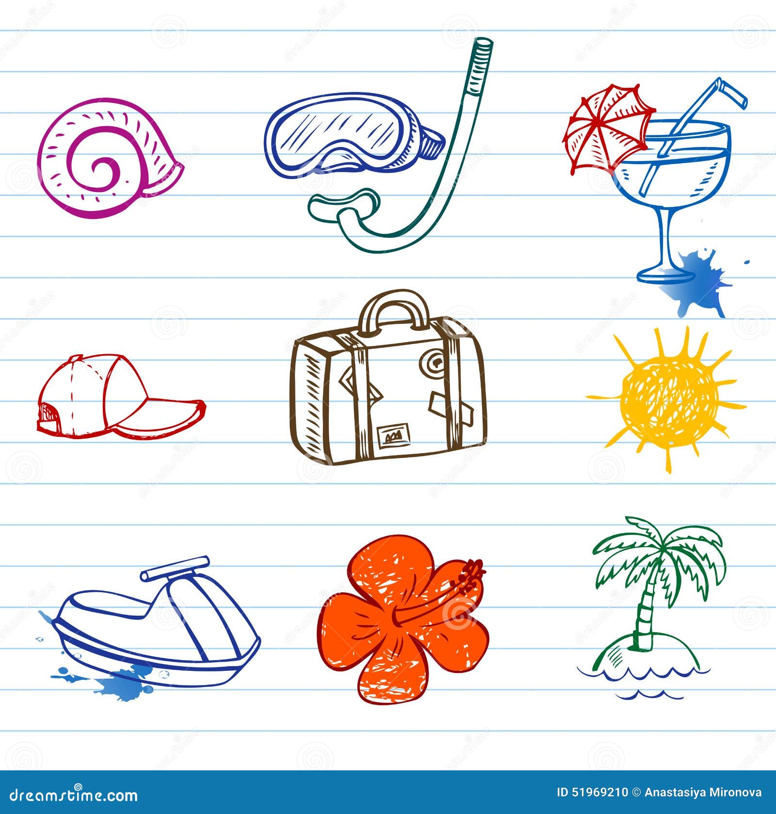 Summer doodles stock vector. Illustration of palm, mask - 51969210