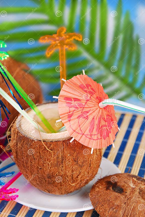 Summer Drink in Coconut Shell Stock Photo - Image of coconut, leaves ...