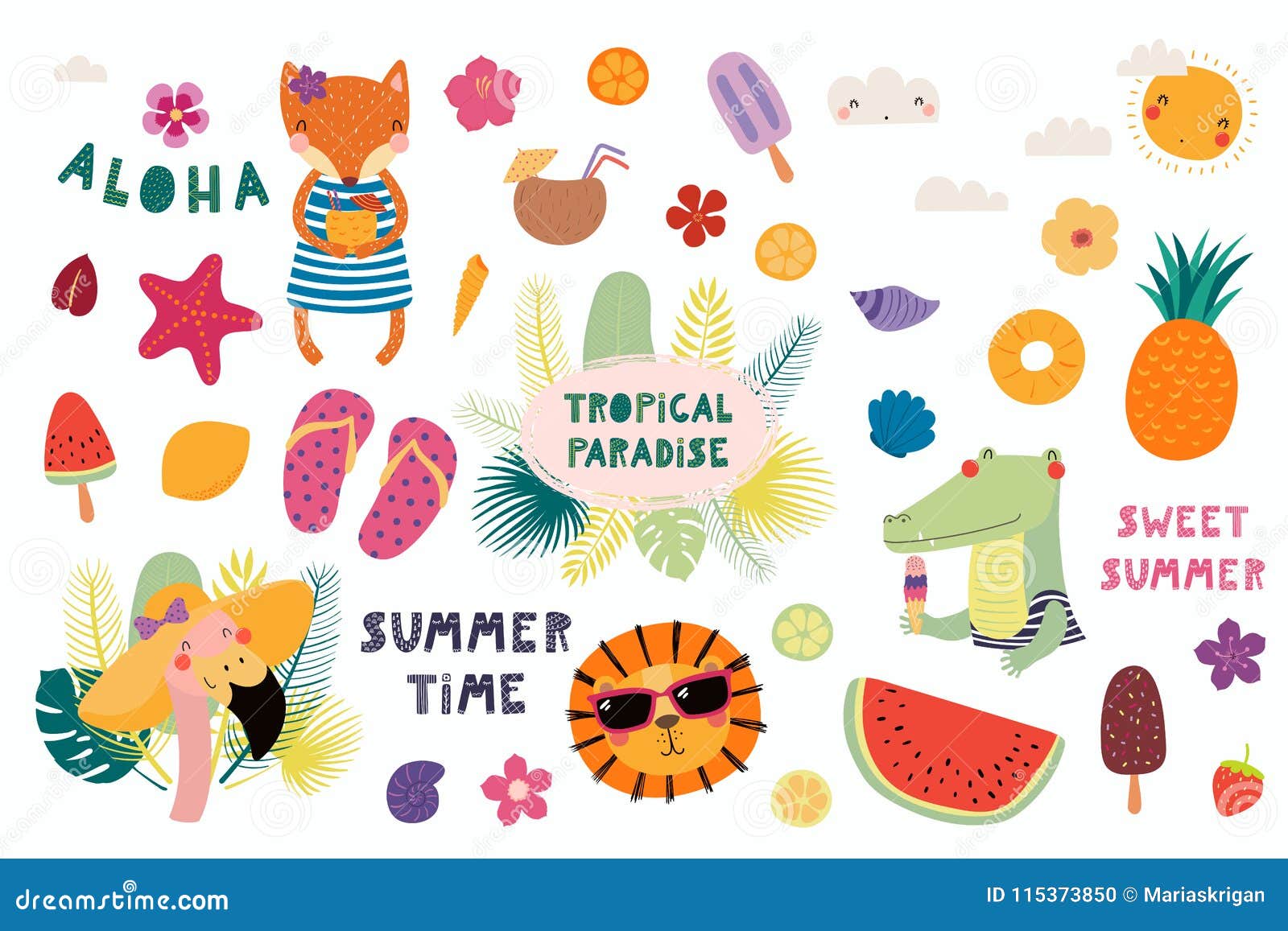 Summer elements big set stock vector. Illustration of crocodile - 115373850