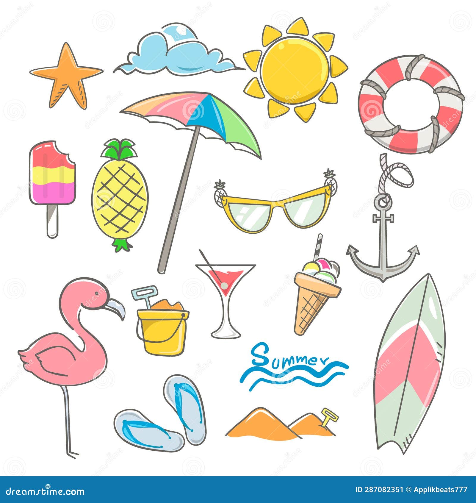 Summer Elements Design Set with Hand Drawn Stock Vector - Illustration ...