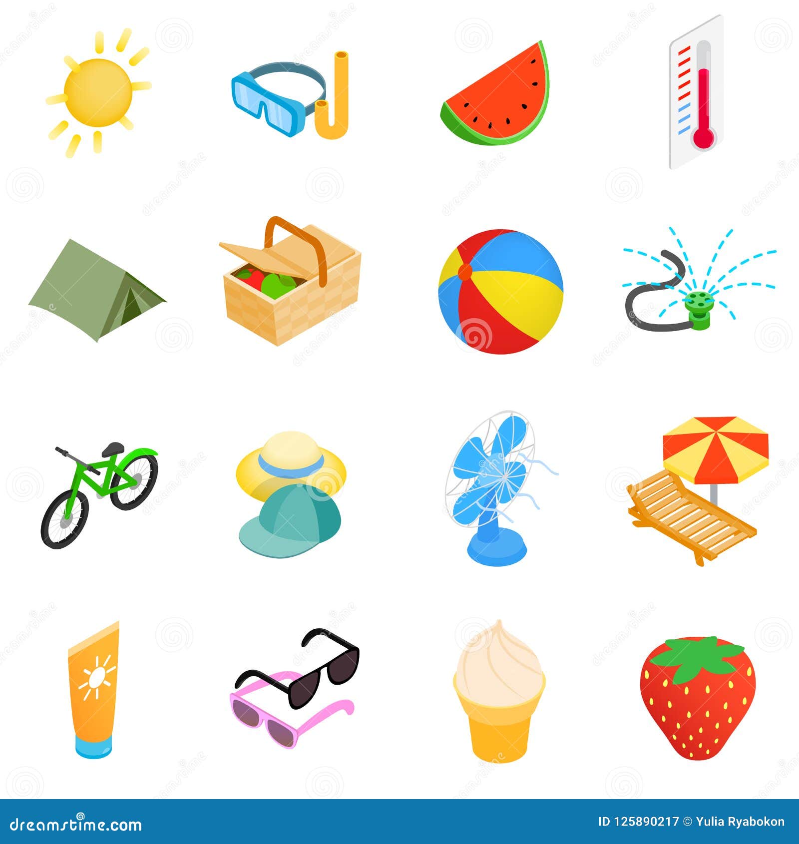 Summer Elements Icons Set, Isometric 3d Style Stock Illustration - Illustration of strawberries ...