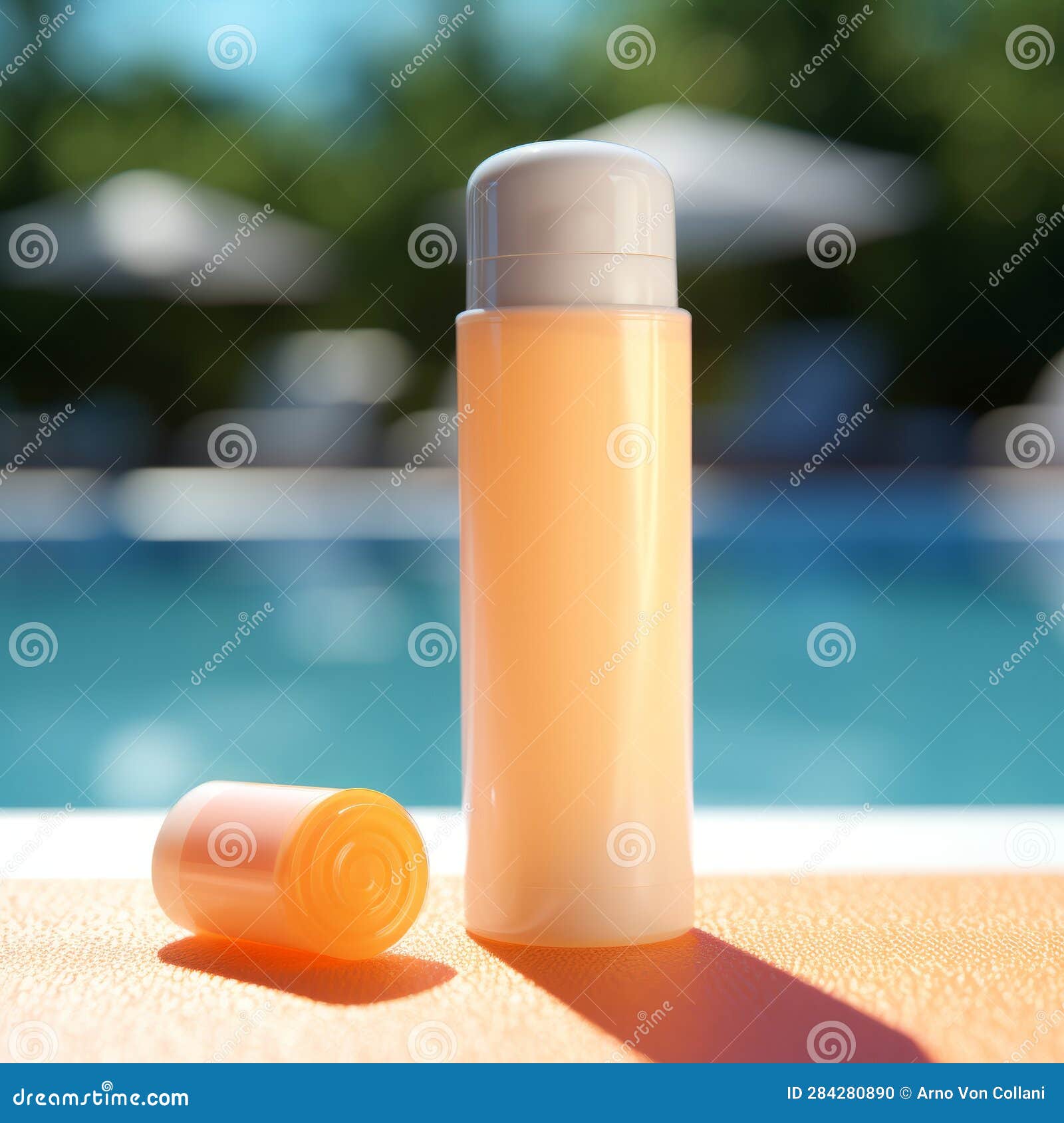 Summer Essentials: Tube of Sunscreen Standing beside a Refreshing Pool ...