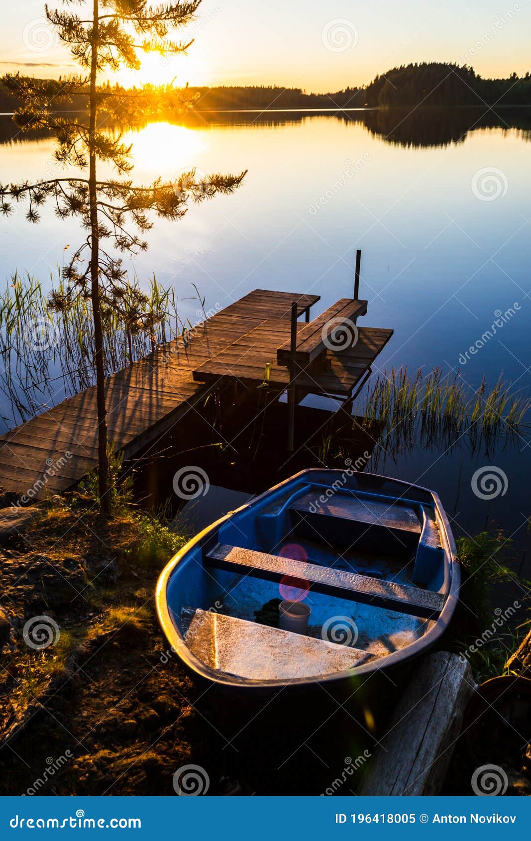 Summer Evening Landscape with a Boat at the Pier on a Lake Stock Image ...