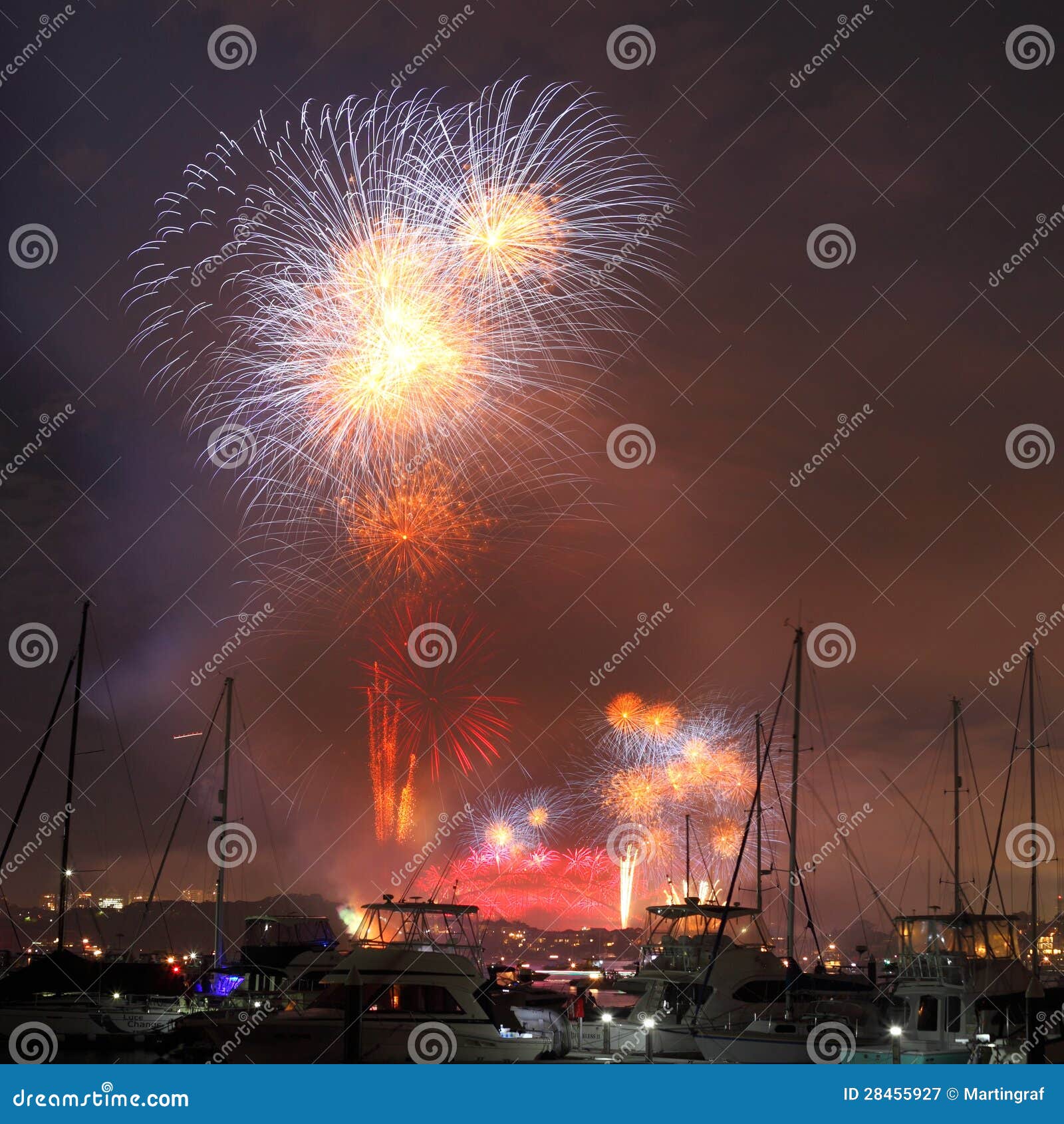 Brilliant Fireworks Over Boats in Harbor Night Scene Editorial ...