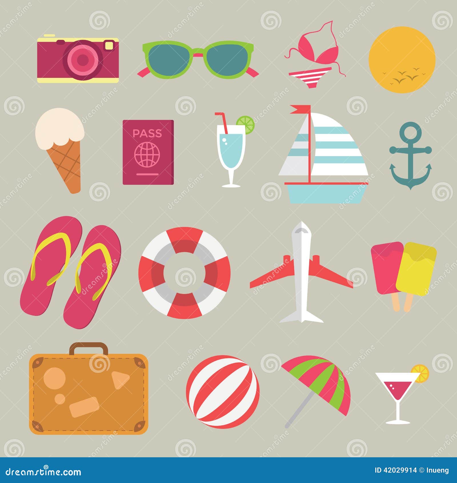 Summer Flat Icon Set on the Beach Stock Vector - Illustration of sign ...