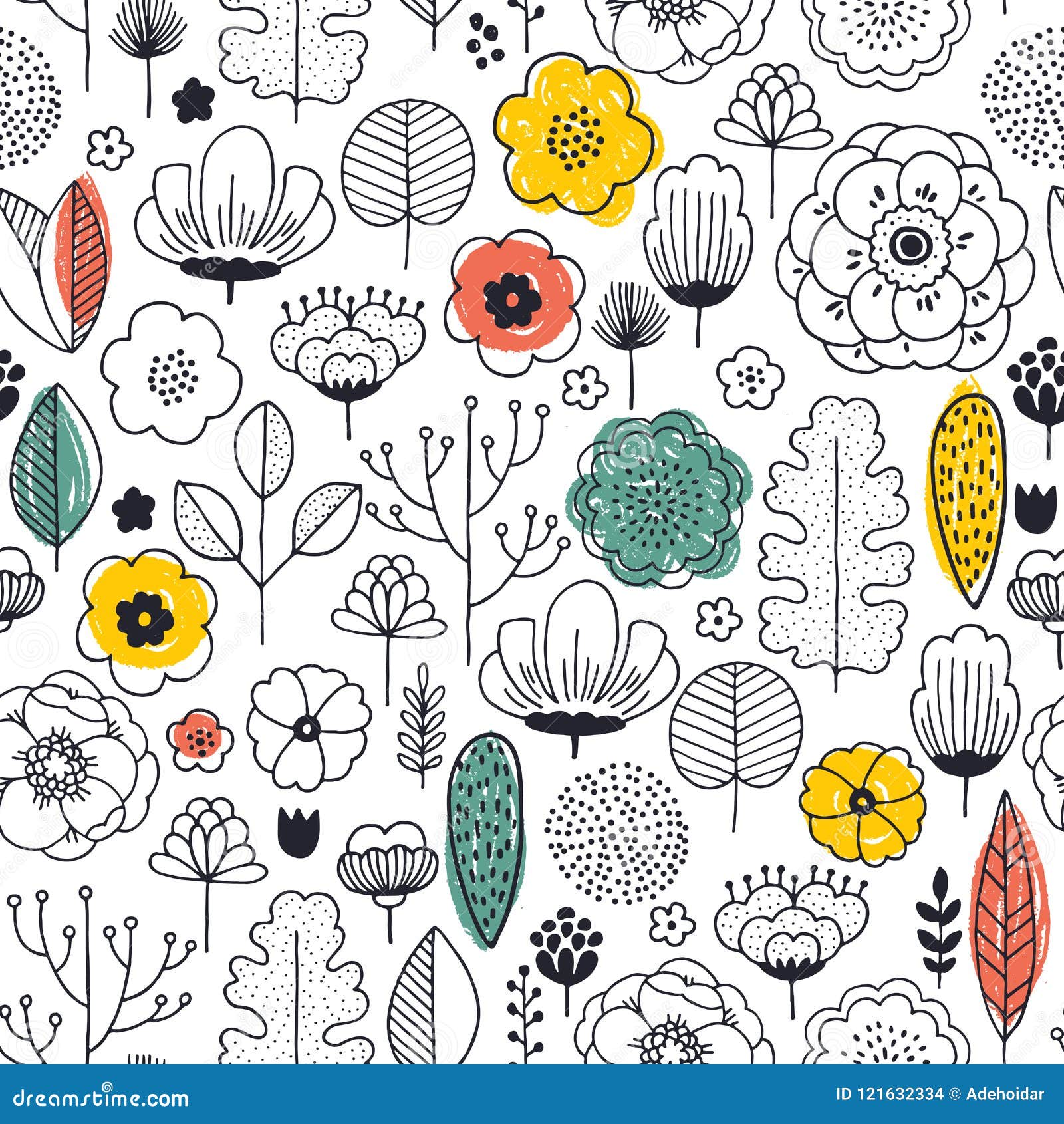 Summer Flower Seamless Pattern. Linear Graphic. Florals Background ...