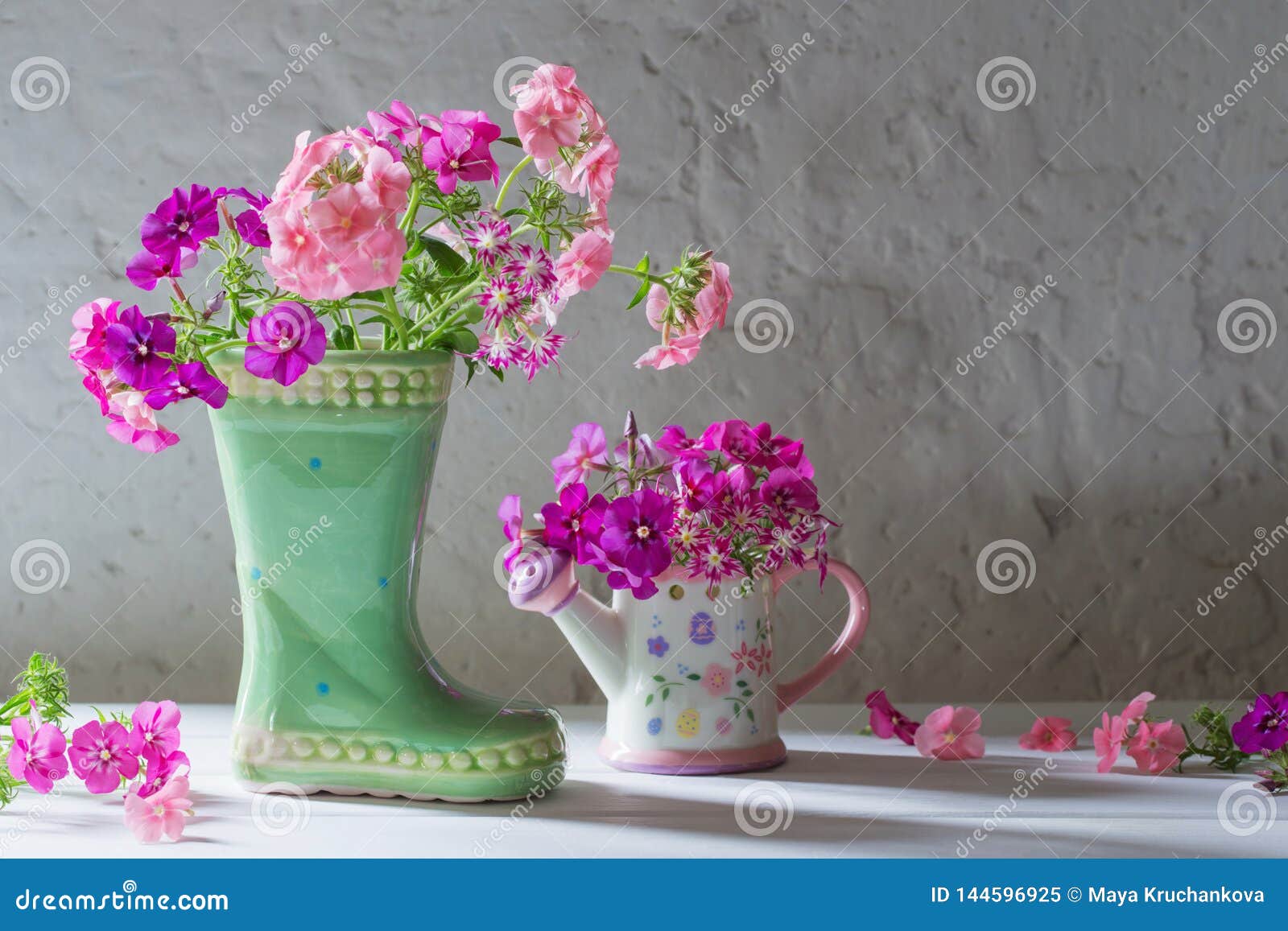 Pink Flowers in Ceramic Boot on White Background Stock Image - Image of ...