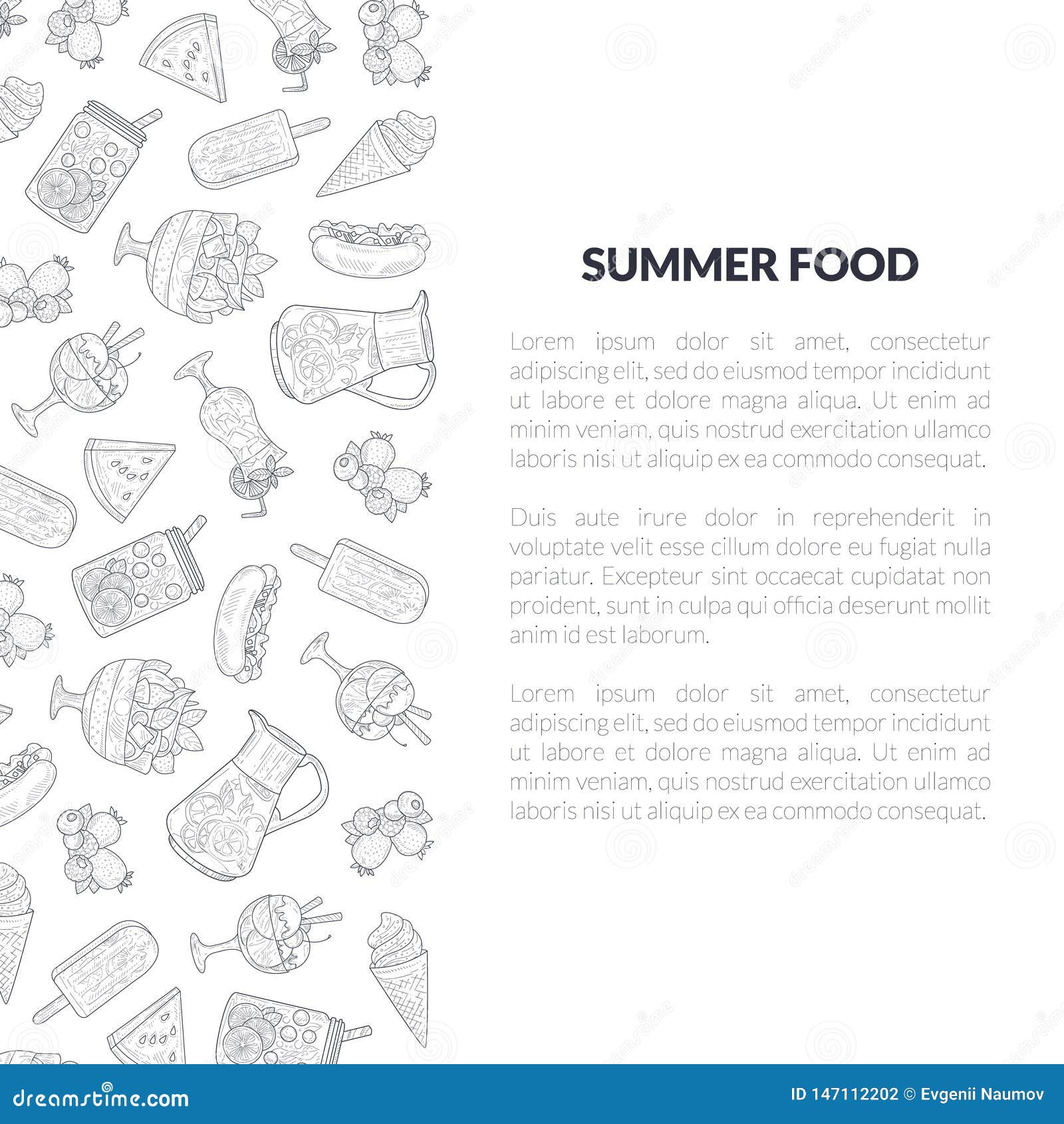 Summer Food Banner Template with Place for Text and Hand Drawn Pattern ...