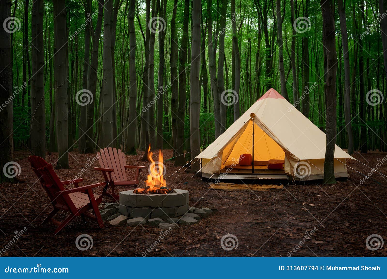 Campground With Cozy Campfire In The Campsite In The Forest, Outdoor ...