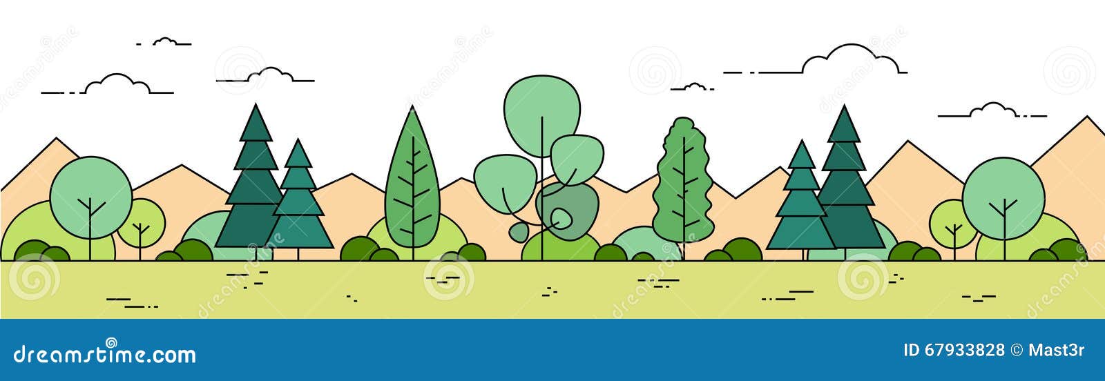 Summer Forest Mountain Landscape View Thin Line Banner Stock Vector ...