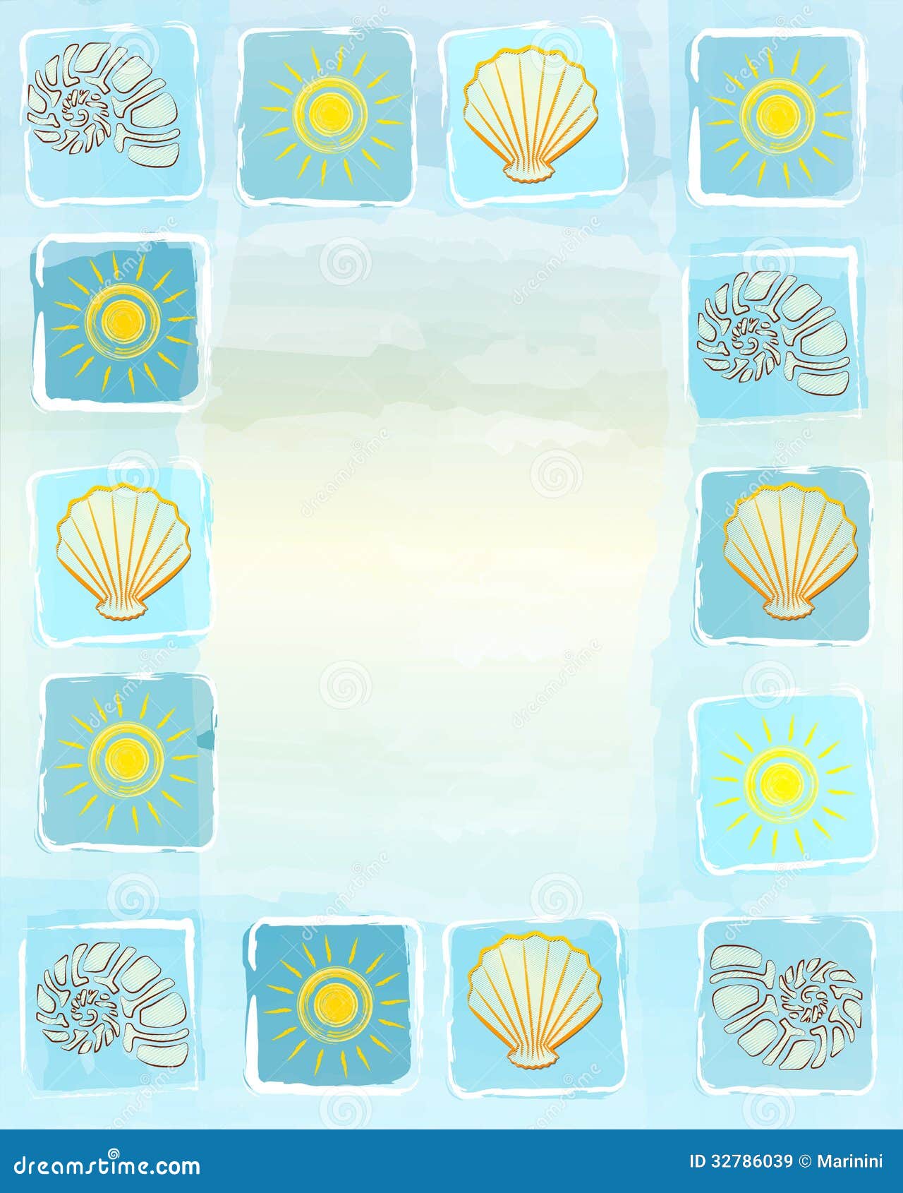 Summer Frame Background With Suns, Shells And Scallops In Square ...