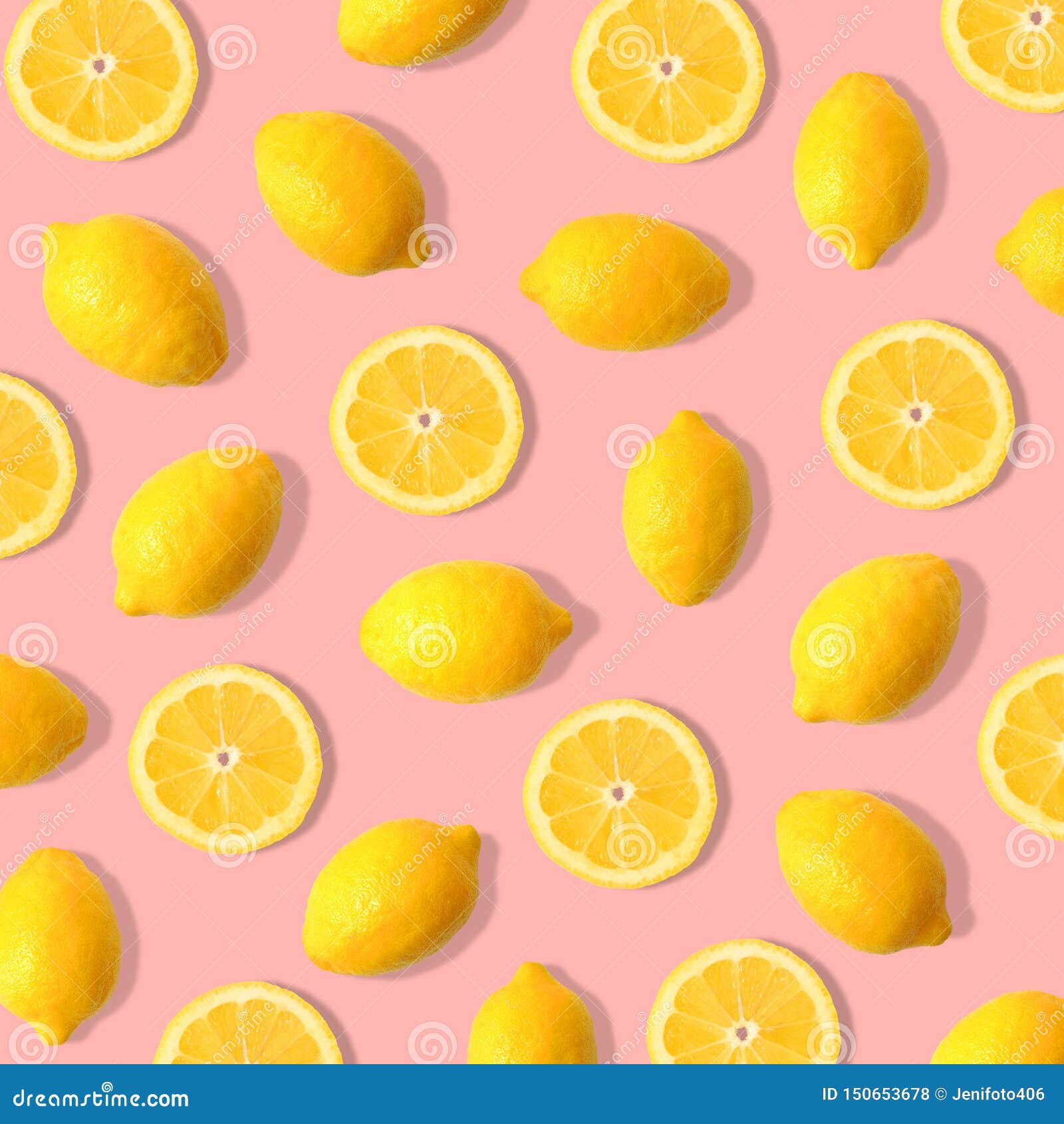 Lemon and Lemon Slice Fruit Pattern on a Pastel Pink Background Stock ...