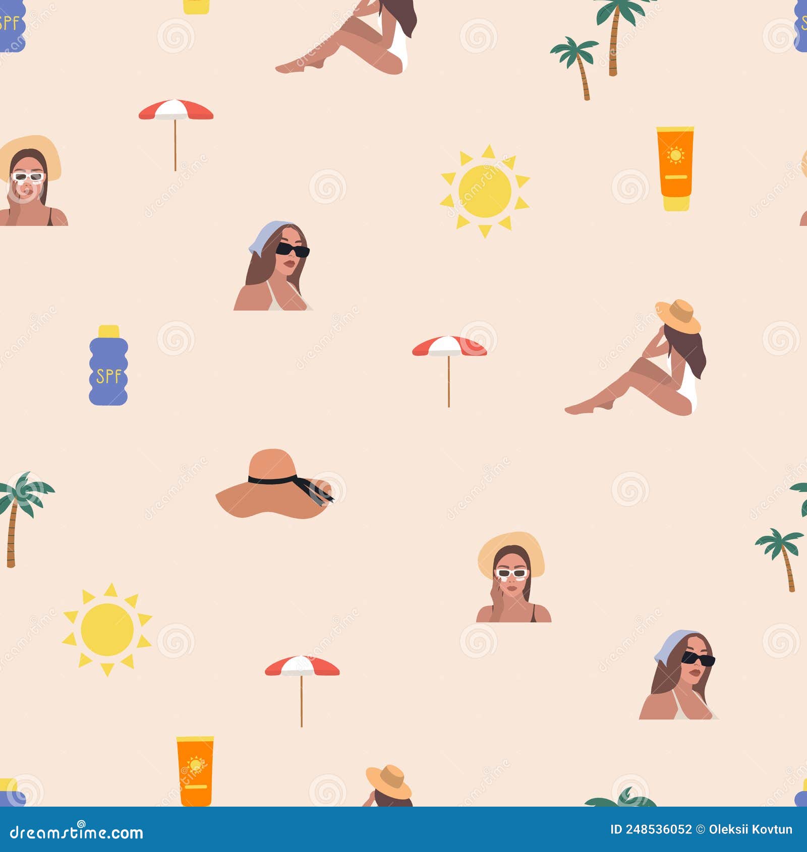 Summer Fun. Seamless Texture Pattern. Sunscreen, Beach Umbrella, Hat ...
