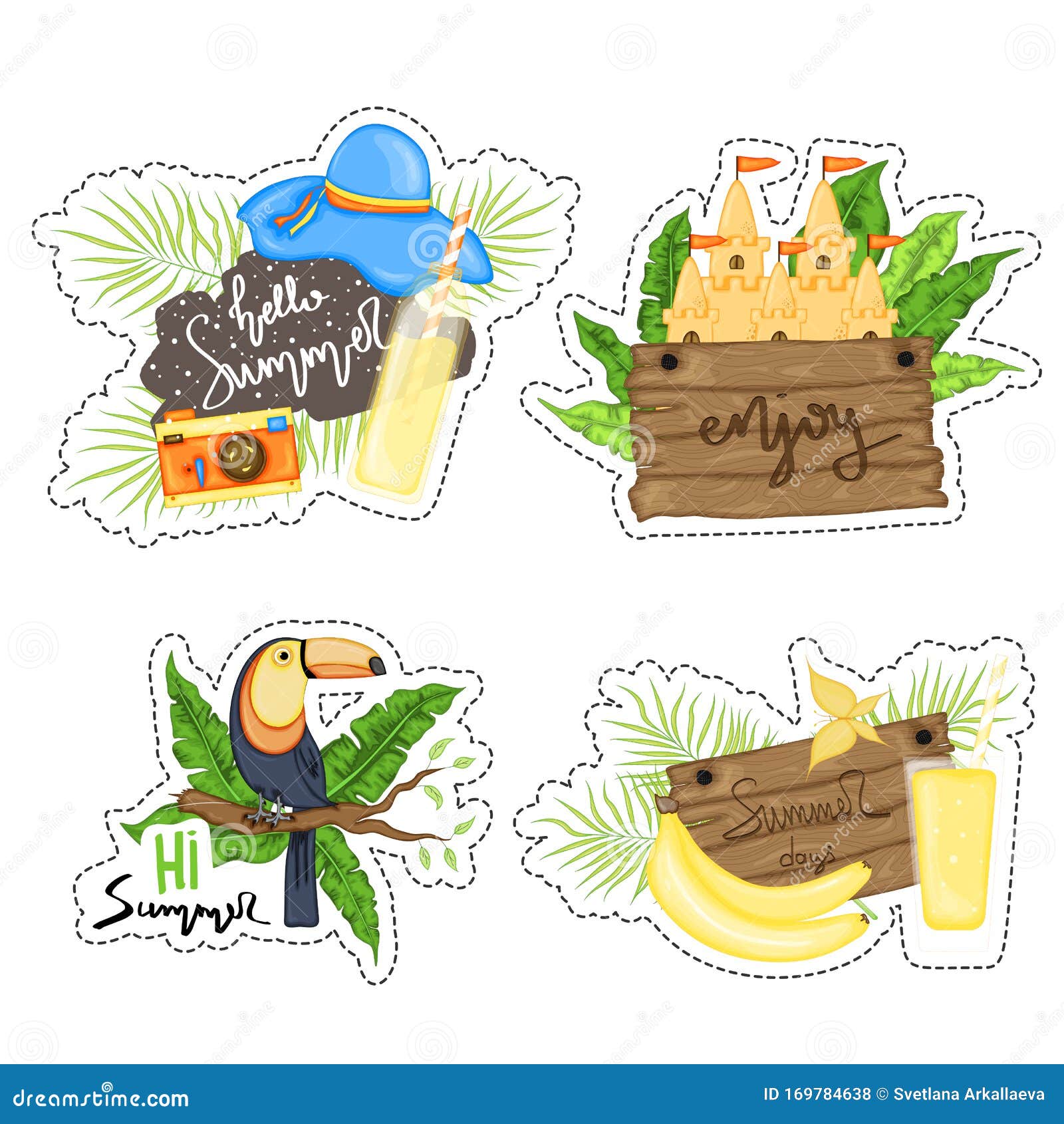 Summer Funny Stickers. Cartoon Style Stock Illustration - Illustration ...