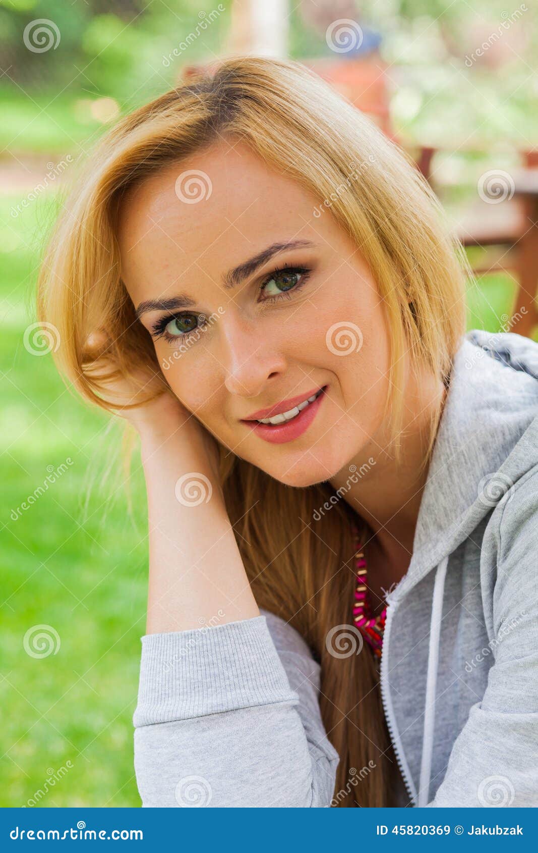 Summer Girl Portrait Caucasian Blonde Woman Smiling Happy On Sunny