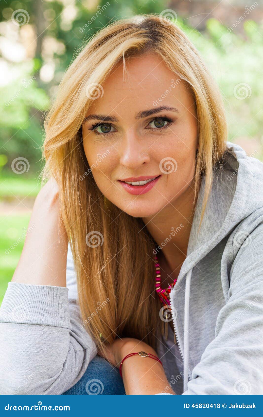Summer Girl Portrait Caucasian Blonde Woman Smiling Happy On Sunny