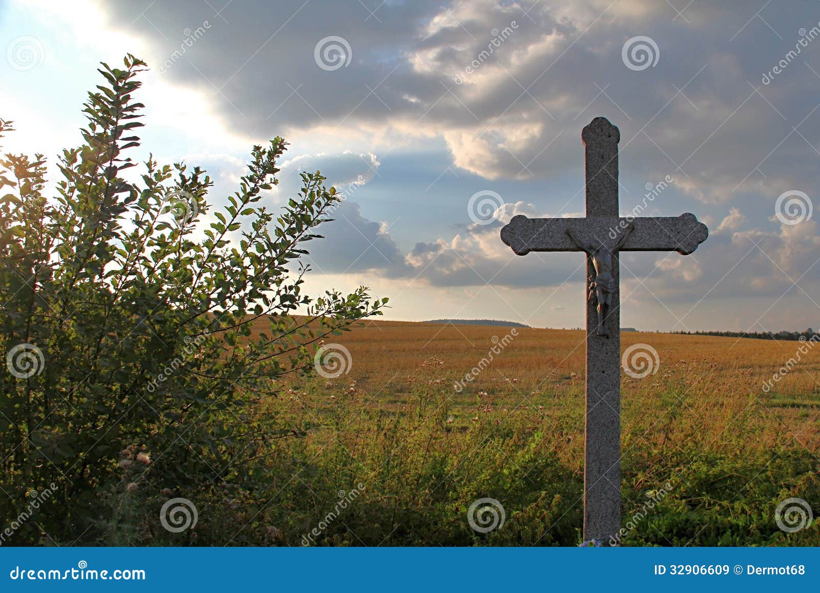 The Summer Grain Field with Cross Stock Image - Image of cereal ...