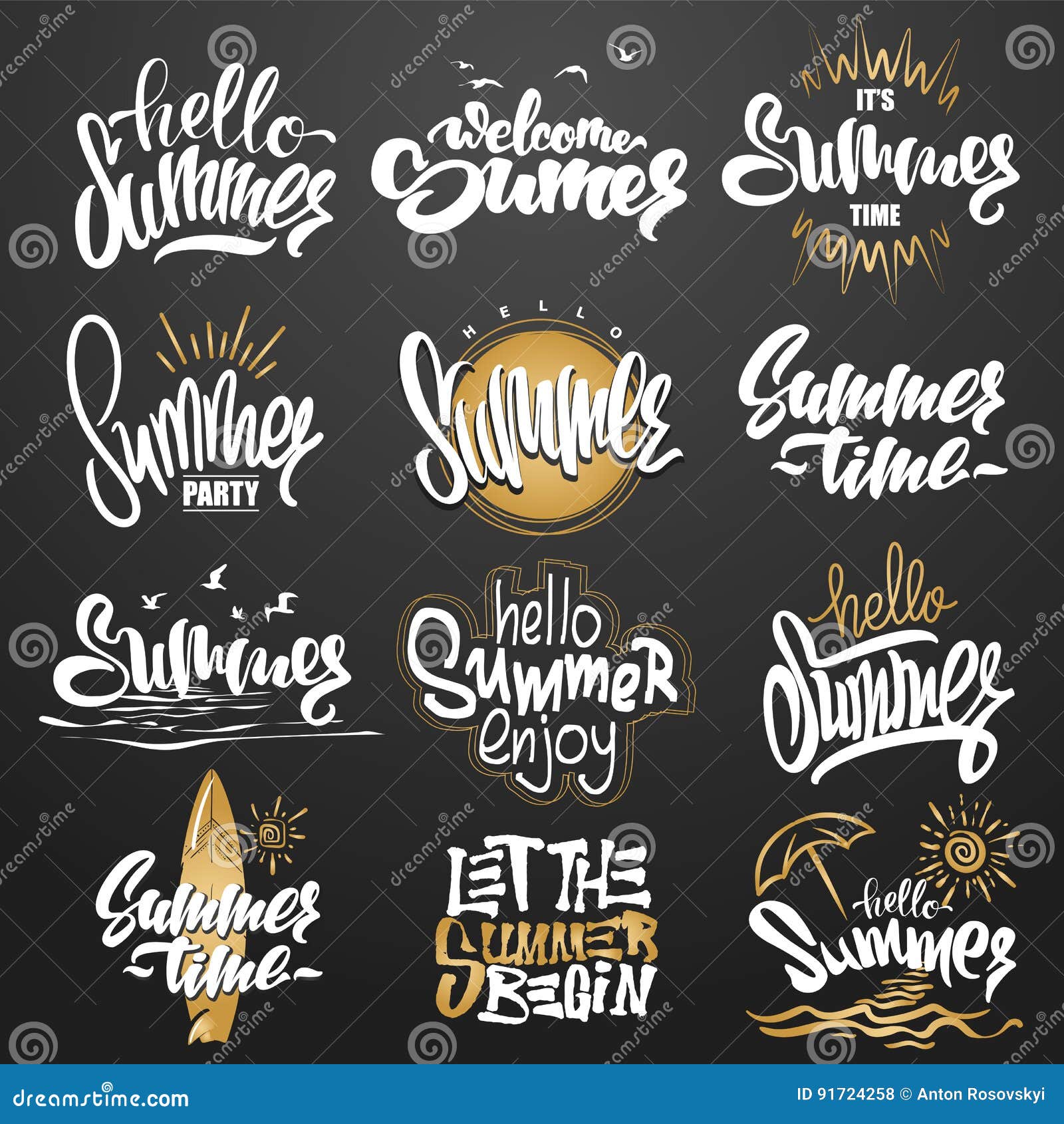 Summer Hand Drawn Gold Lettering Elements Set Vector Stock Vector ...