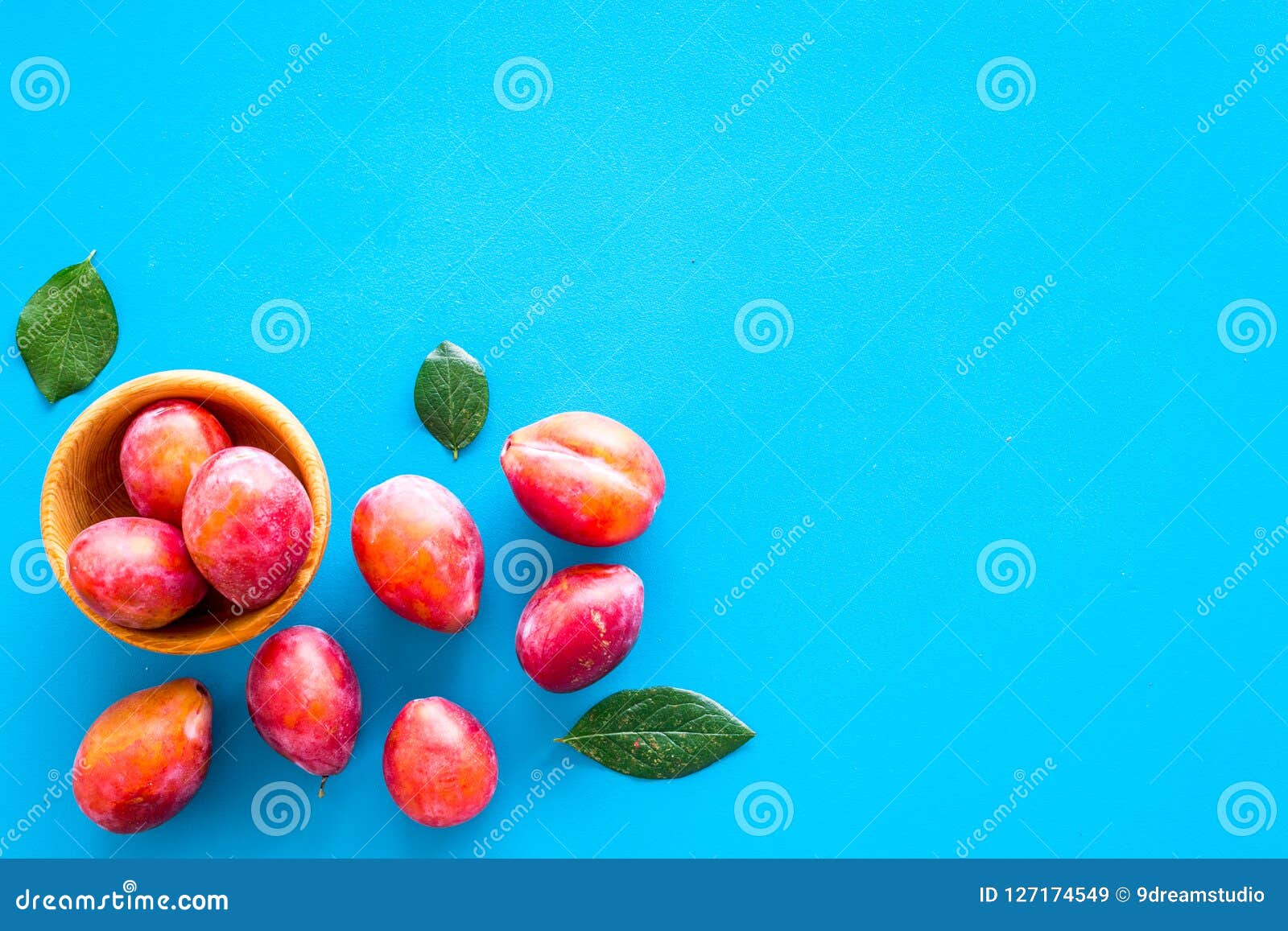 Summer Harvest of Red Plum. Red Plum and Leaves Pattern on Blue ...