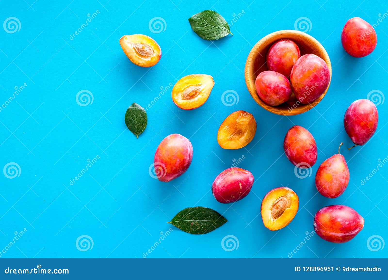 Summer Harvest of Red Plum. Red Plum and Leaves Pattern on Blue ...