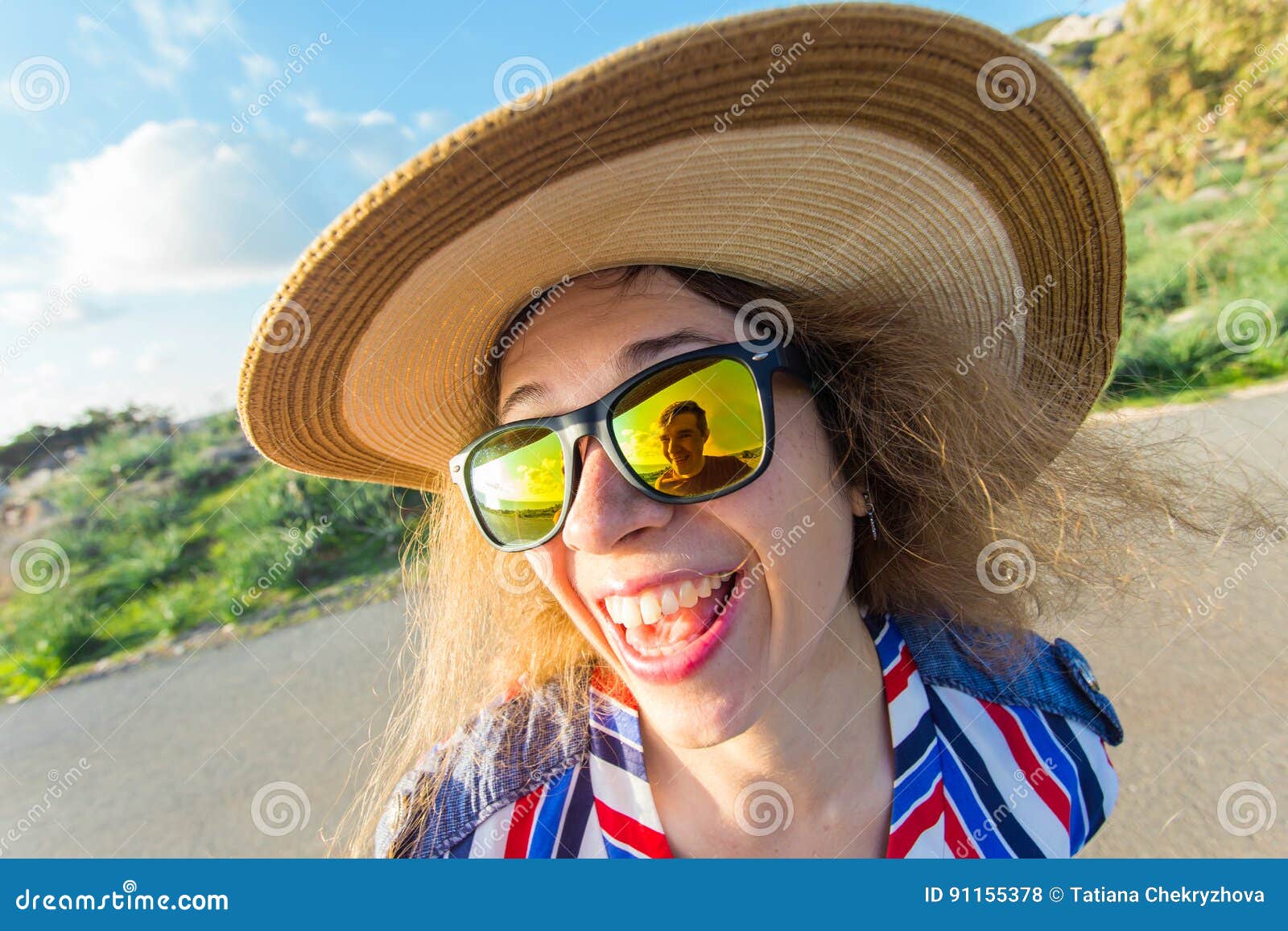 Summer, Holiday, Selfie and Vacation Concept - Young Woman Making Funny ... Summer, Holiday, Selfie and Vacation Concept - Young Woman Making Funny ...