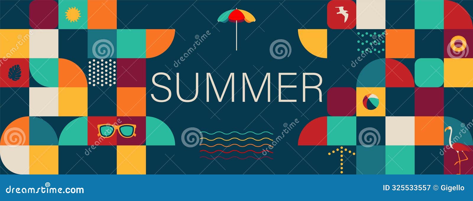 Summer, Horizontal Geometric Banner with Summer Symbols in Geometry ...