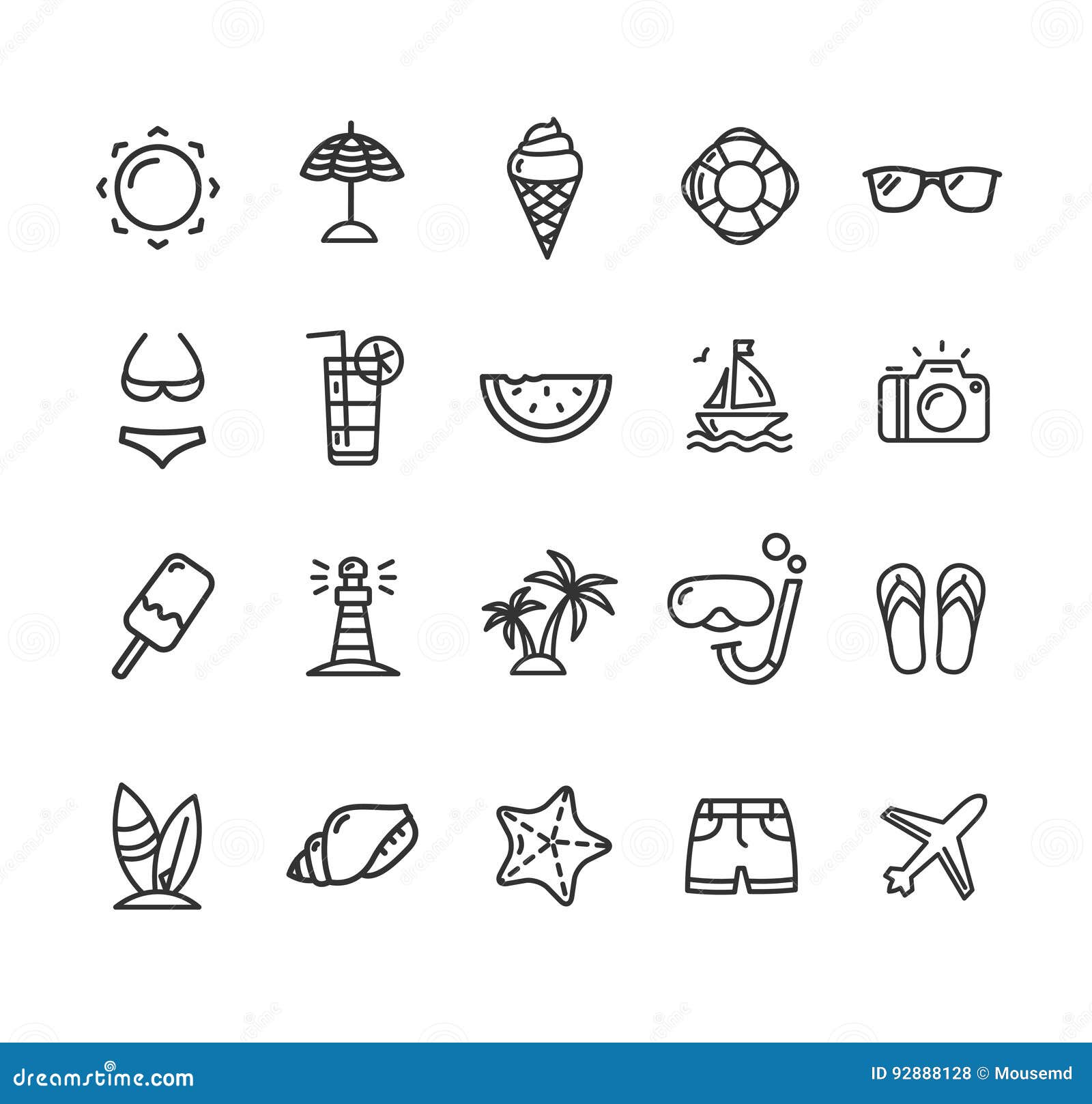 Summer Icon Black Thin Line Set. Vector Stock Vector - Illustration of ...