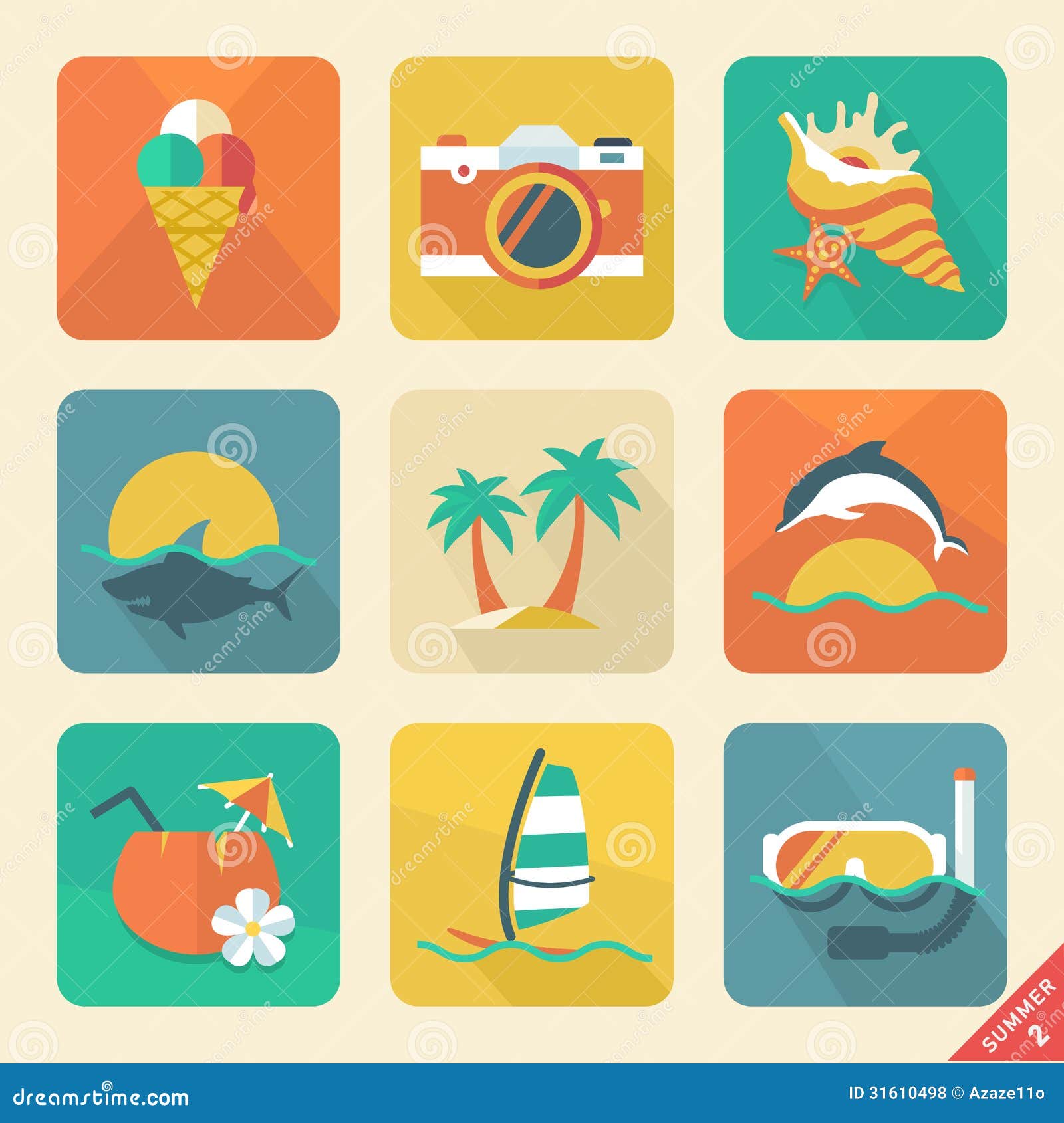 Summer Icon Set 2. Flat Design Trend. Retro Color. Vector Illustration ...