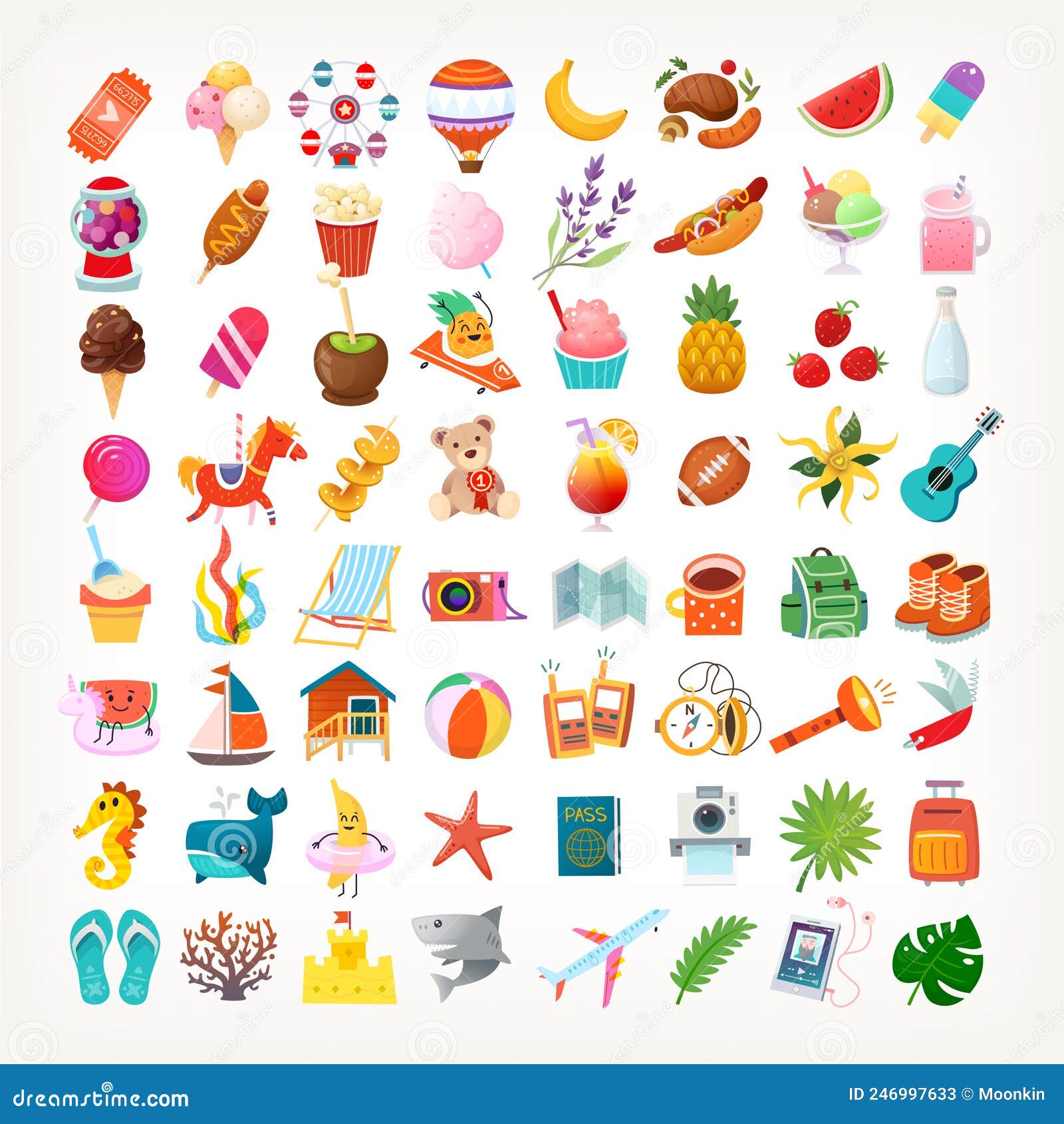 Collection of Summer Icons and Stickers for Funfair Events, Ocean Beach ...