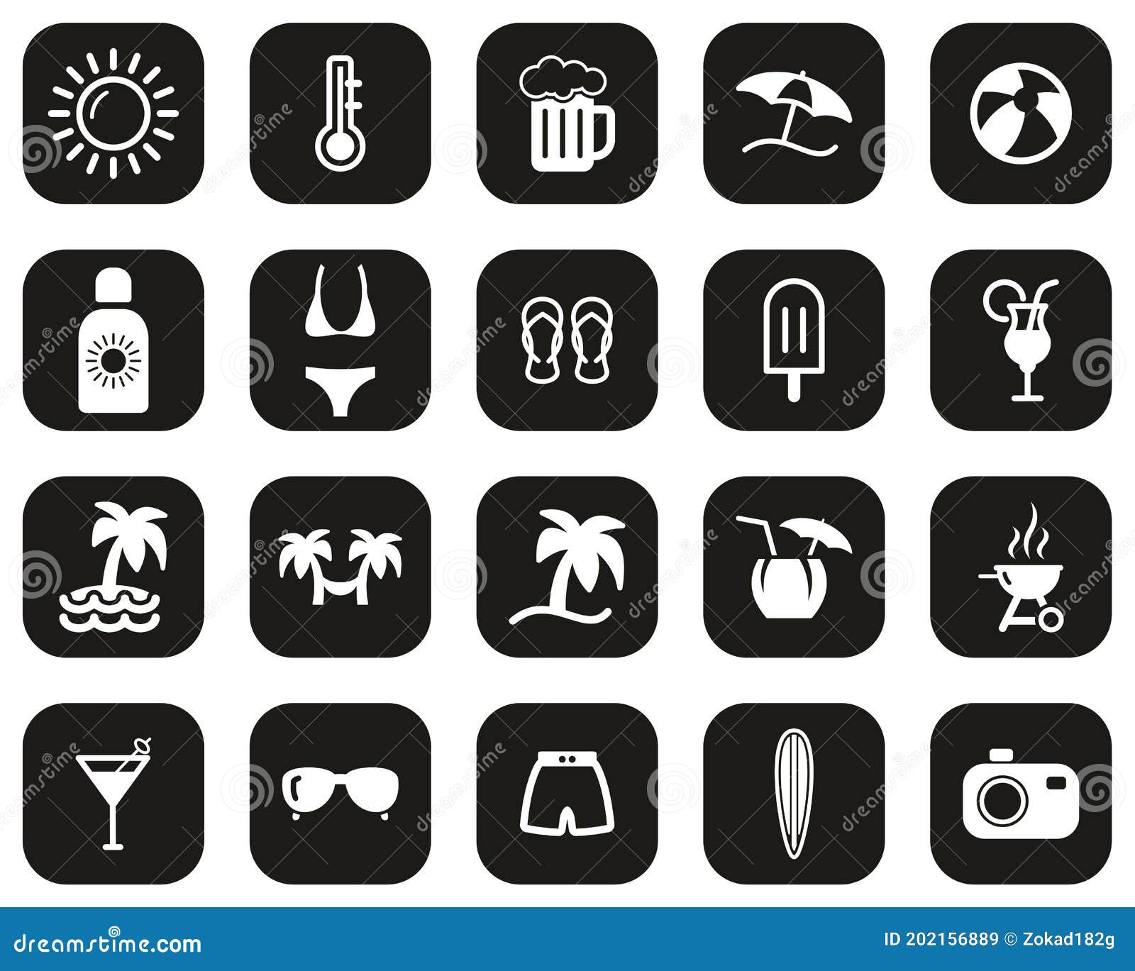Summer Icons White on Black Flat Design Set Big Stock Vector ...