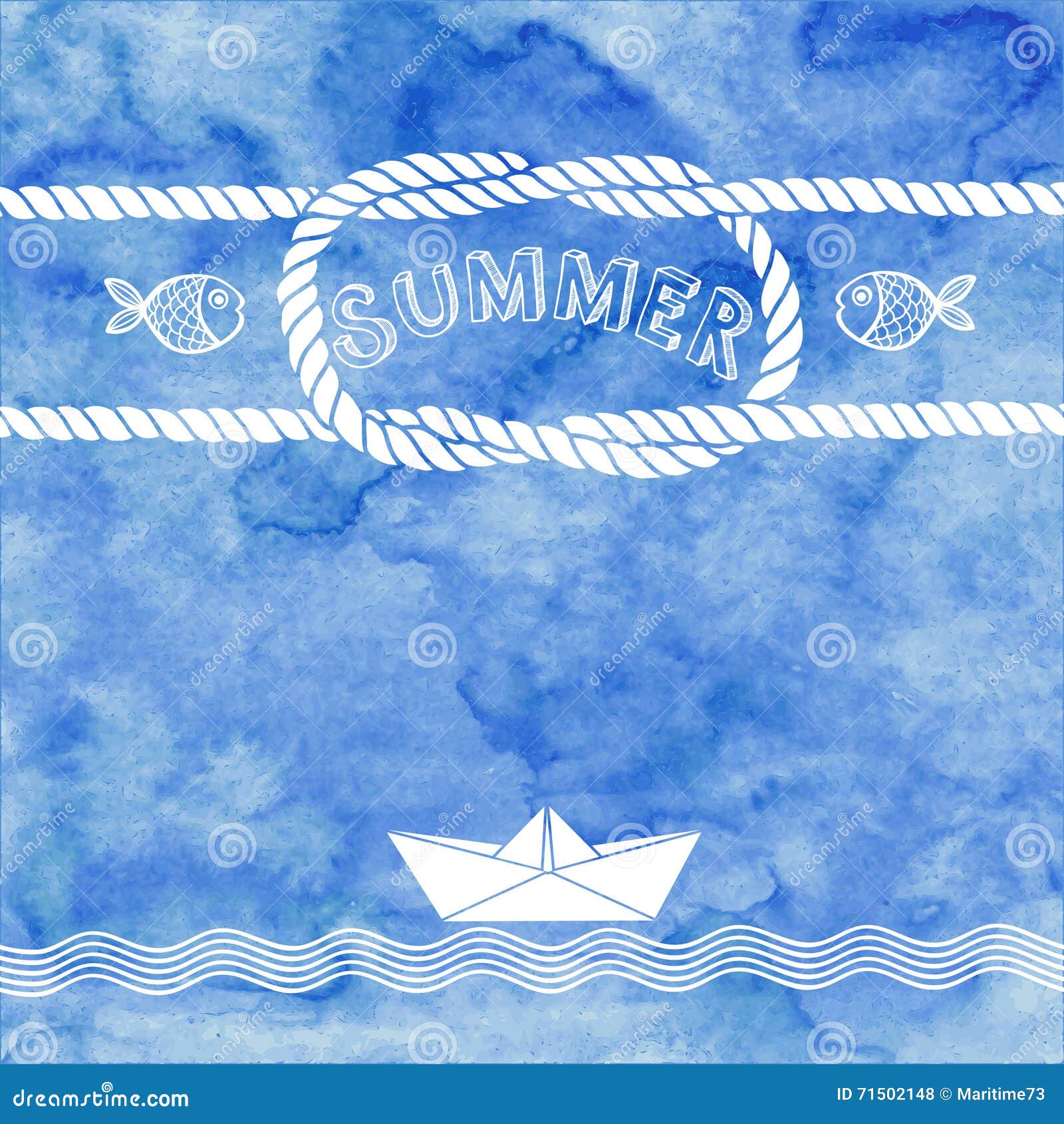 Summer Illustration on a Blue Watercolor Background. Stock Illustration ...
